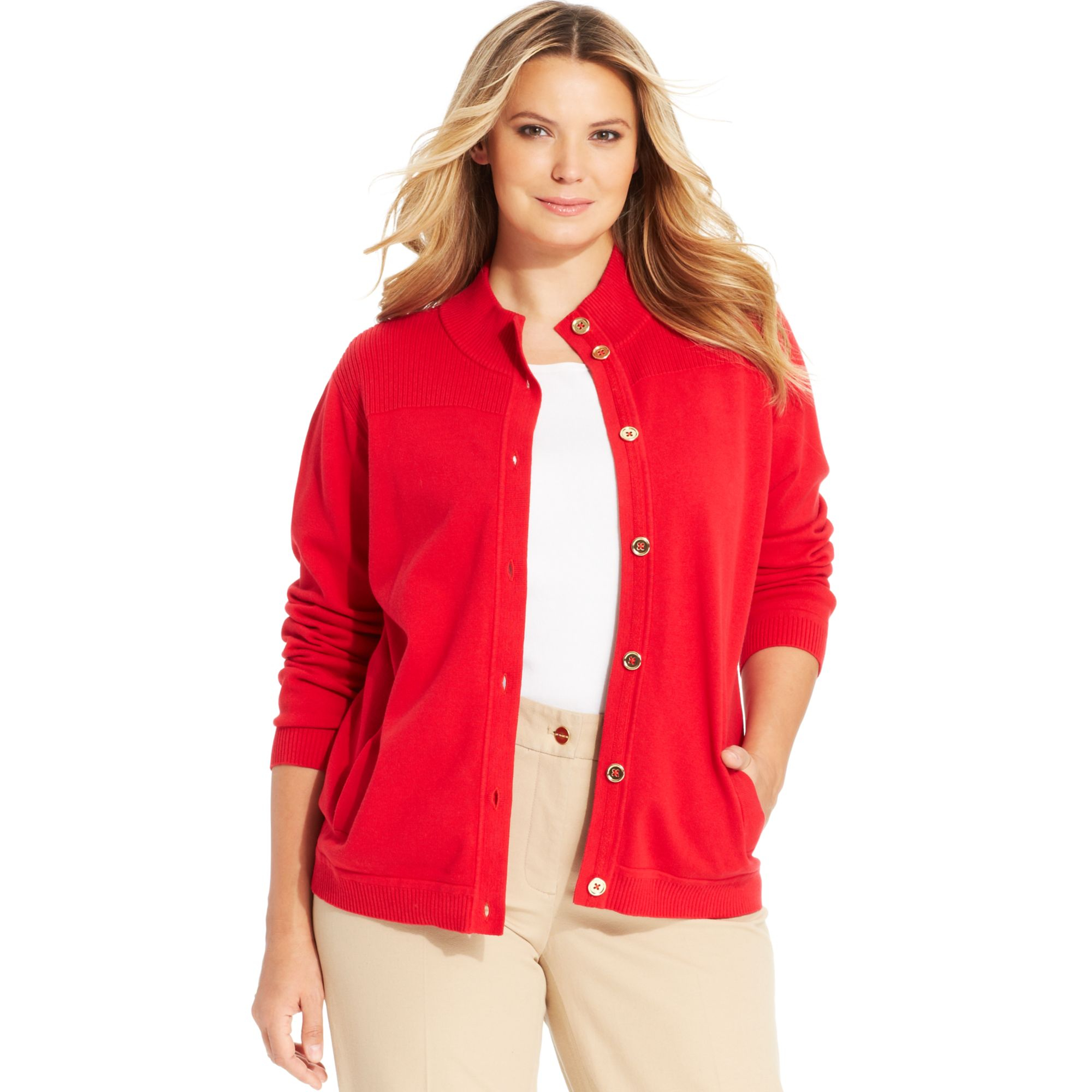 Jones new york Signature Plus Size Longsleeve Cardigan in Red | Lyst
