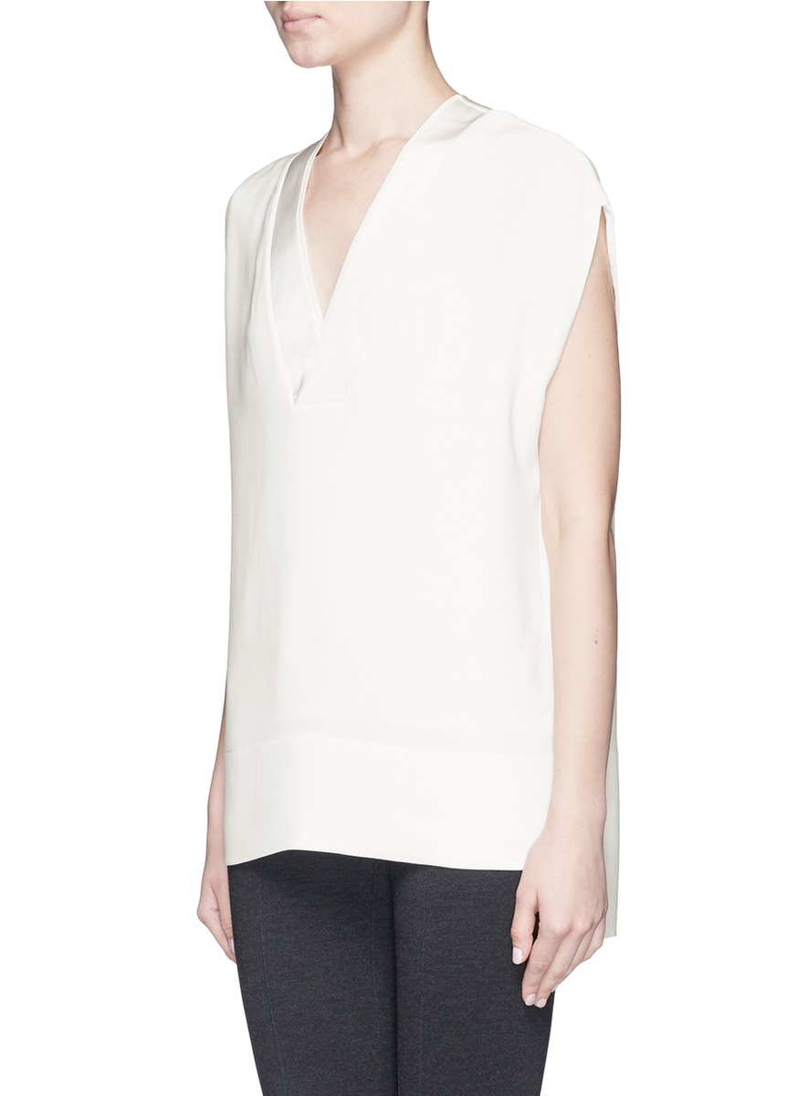 Vince Satin Trim V Neck Crêpe Blouse In White Lyst