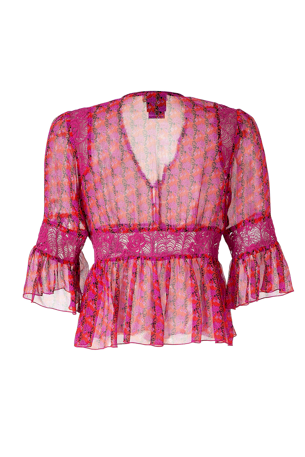 Lyst - Anna sui Magentamulti Printed Sheer Silk Top with Lace Panels in ...