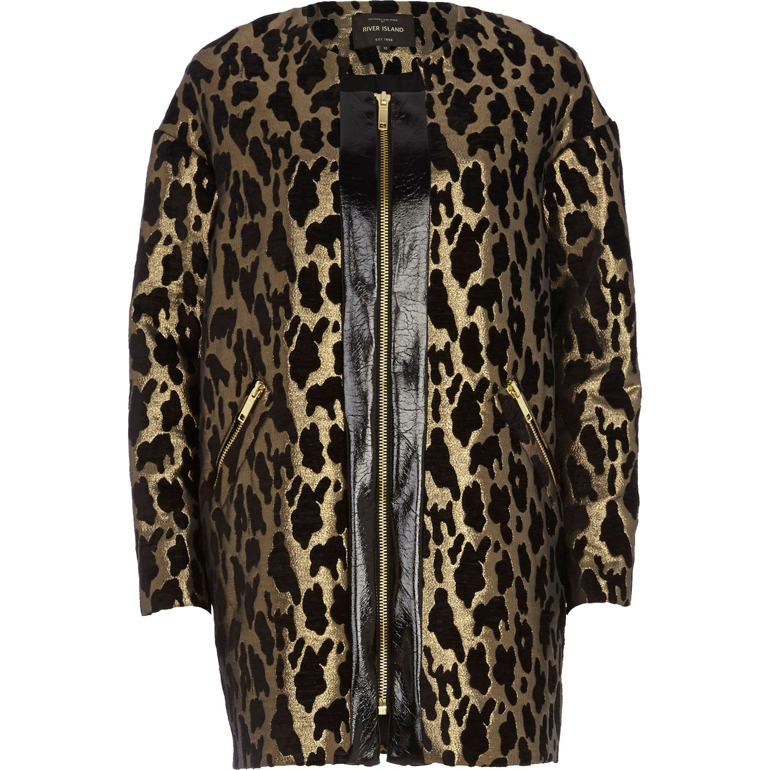 River island Gold Leopard Print Jacquard Coat in Gold | Lyst