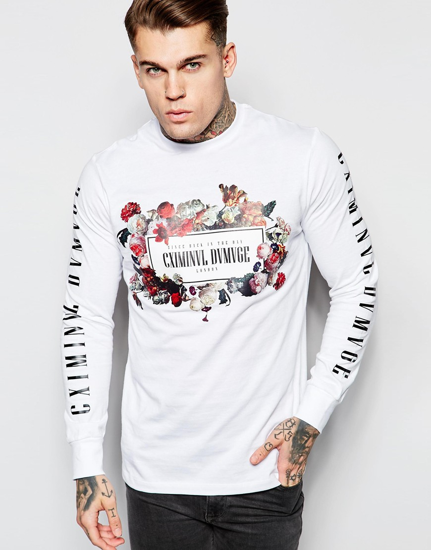 Criminal Damage Long Sleeve T shirt With Floral Logo And Sleeve Print In Multicolor For Men 