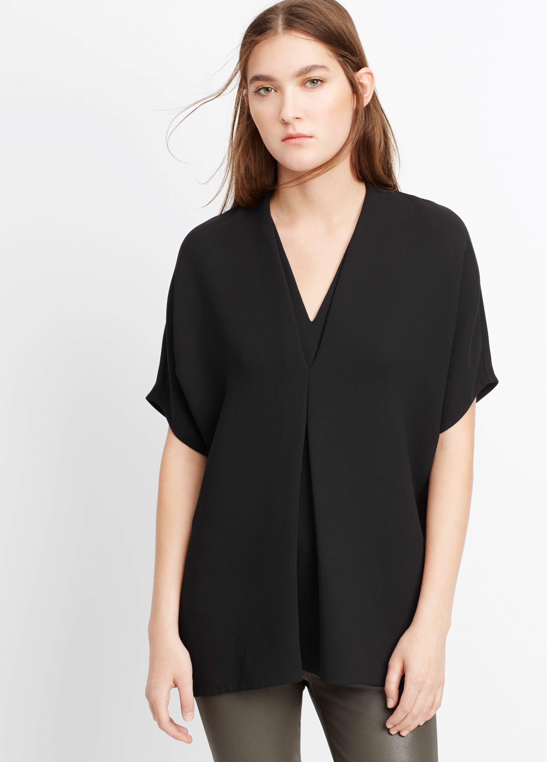 Vince Short Sleeve Crepe Double V Neck Blouse In Black Lyst