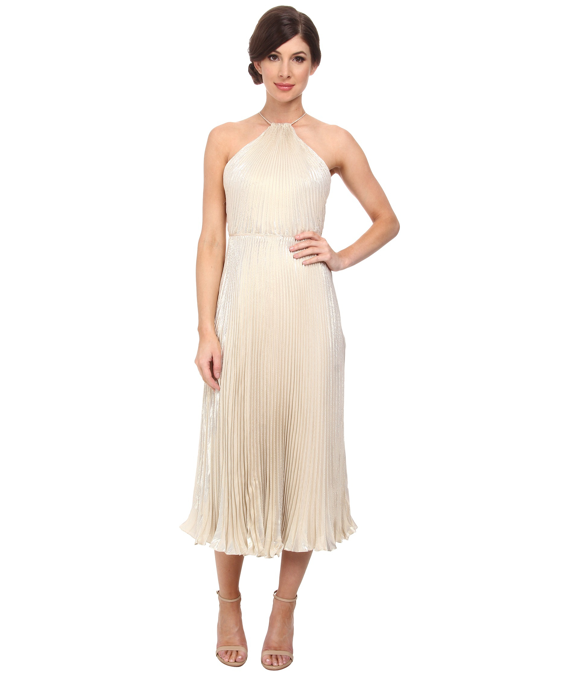 Jill Jill Stuart Midi Pleated Halter Lame Dress In Gold Lyst