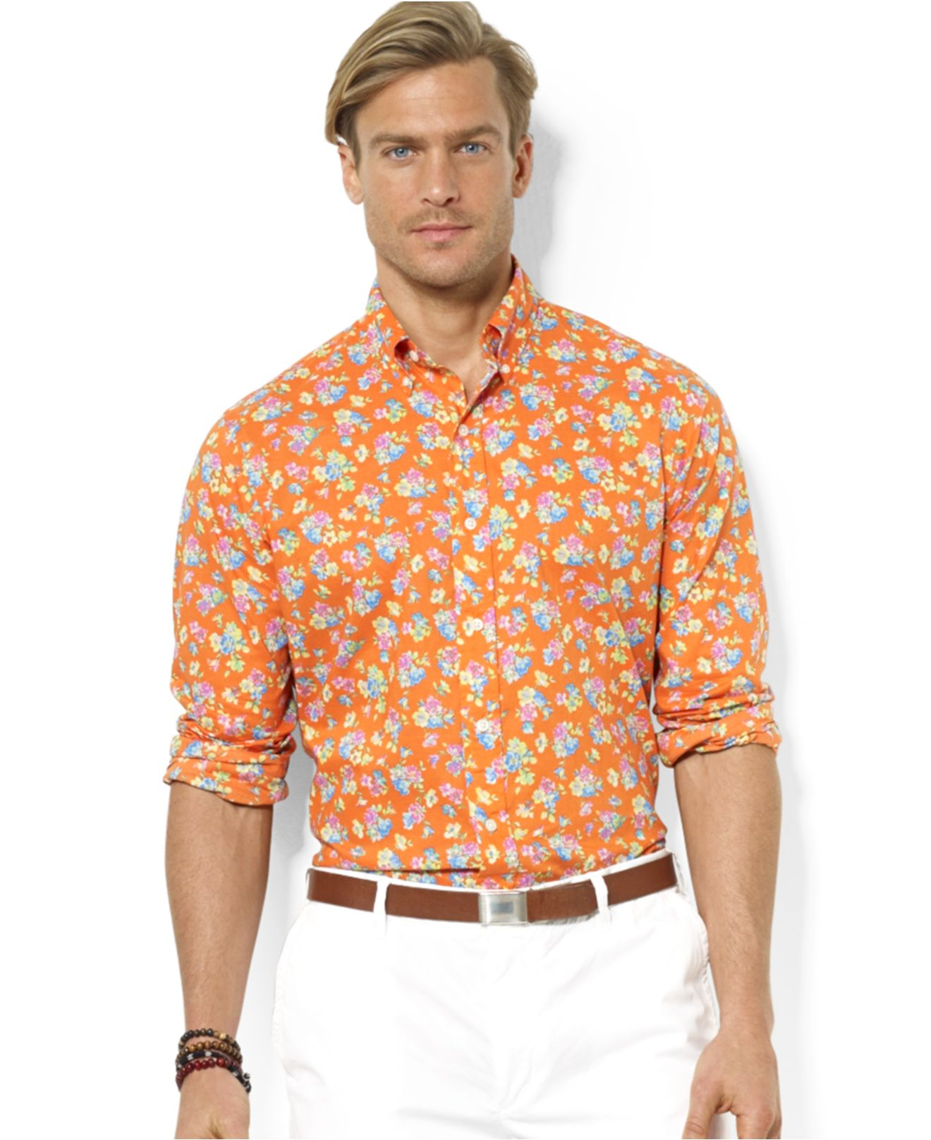 Polo Ralph Lauren Polo Customfit Floral Poplin Shirt In Orange For Men