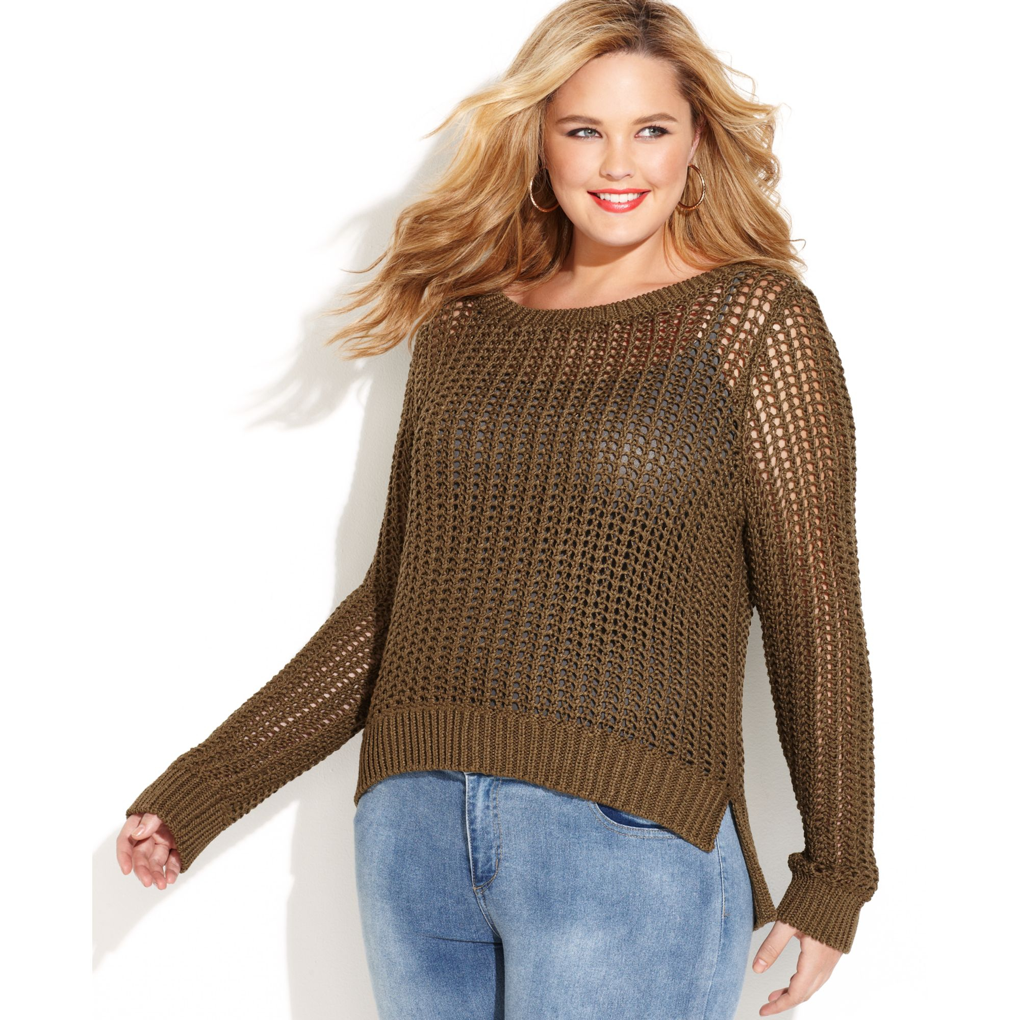 Lyst Michael Kors Michael Plus Size Longsleeve Openknit Sweater In Brown