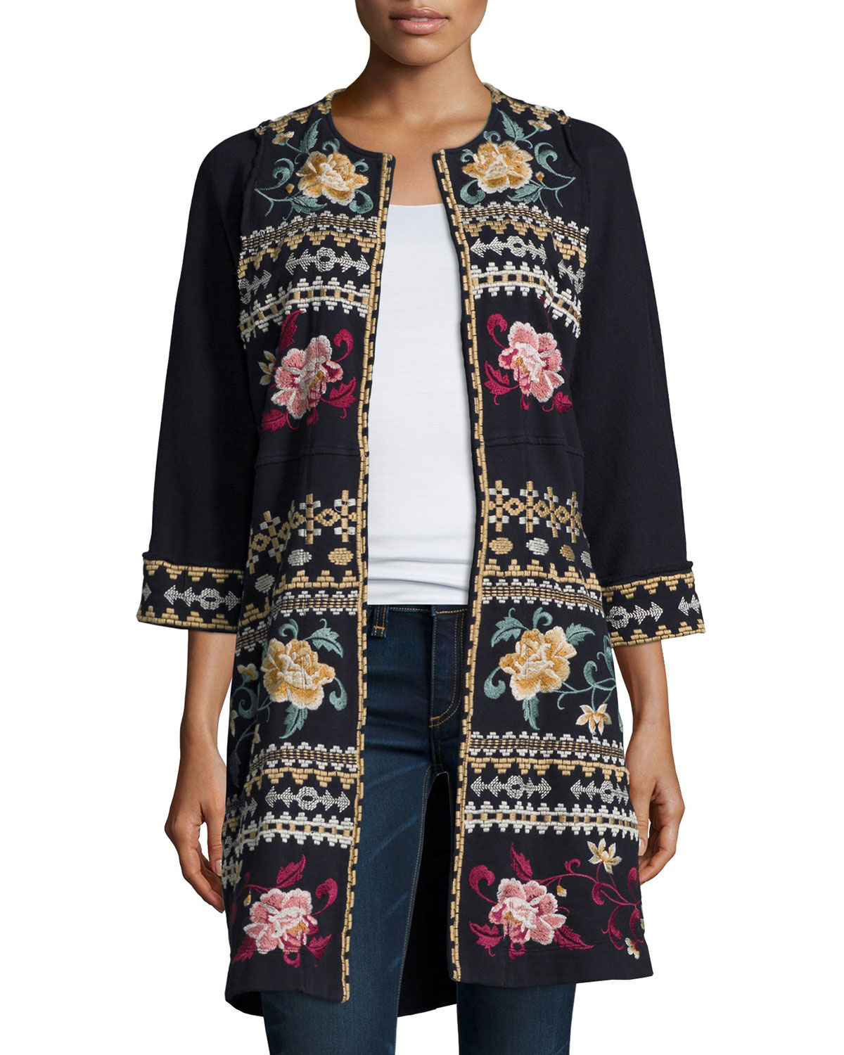 Lyst - Johnny Was Aralyn Raw-seam Embroidered Coat in Black