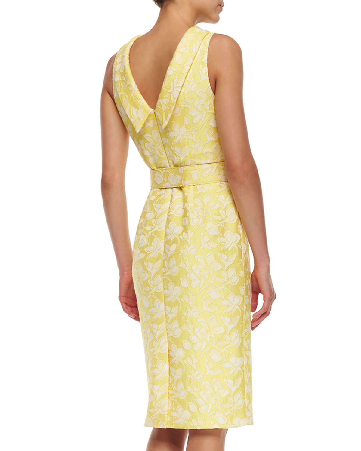 Badgley Mischka Sleeveless Belted Brocade Sheath Dress In Yellow Lyst