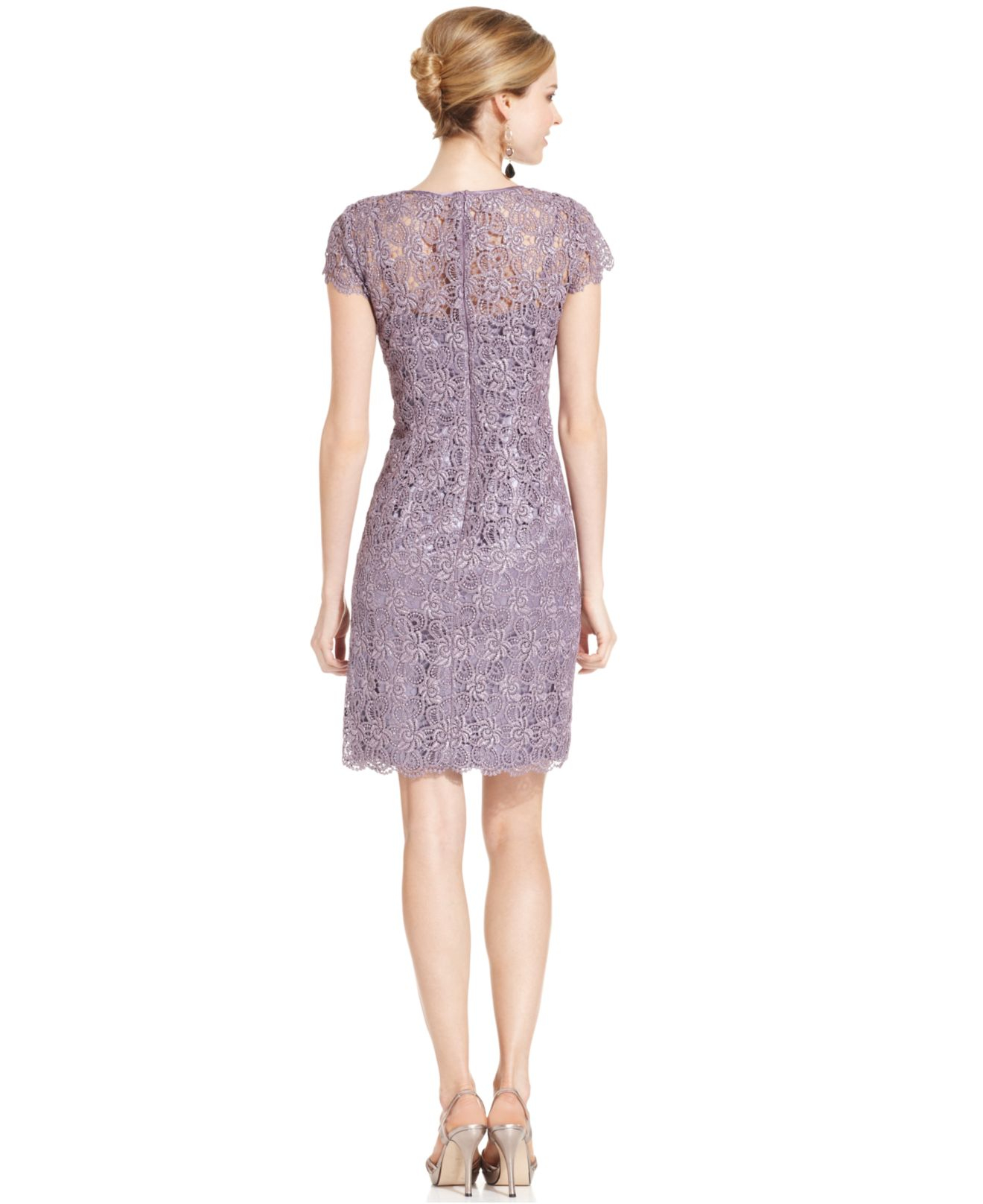 Lyst Patra Cap Sleeve Metallic Lace Cocktail Dress In Purple