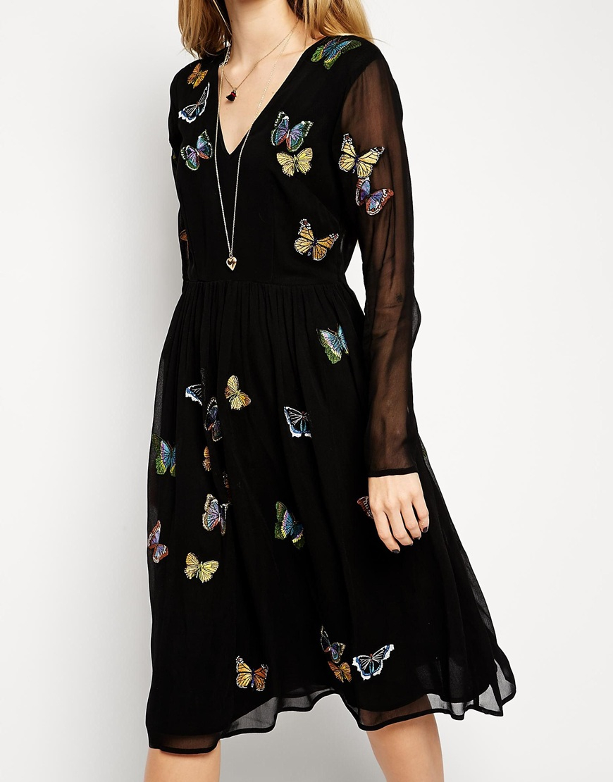 Asos Midi Skater Dress With Butterfly Embroidery In Black Lyst