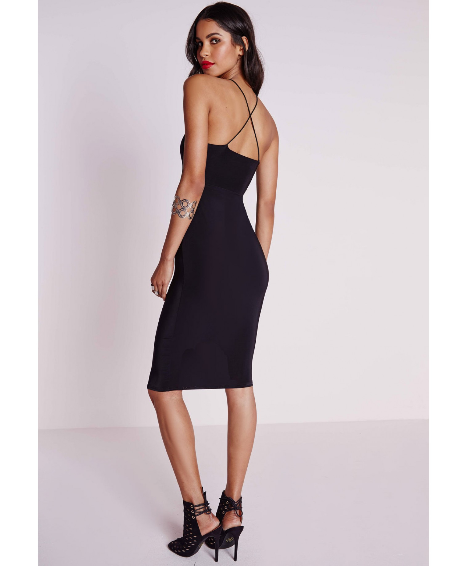 Missguided Slinky Strappy Midi Dress Black In Black Lyst