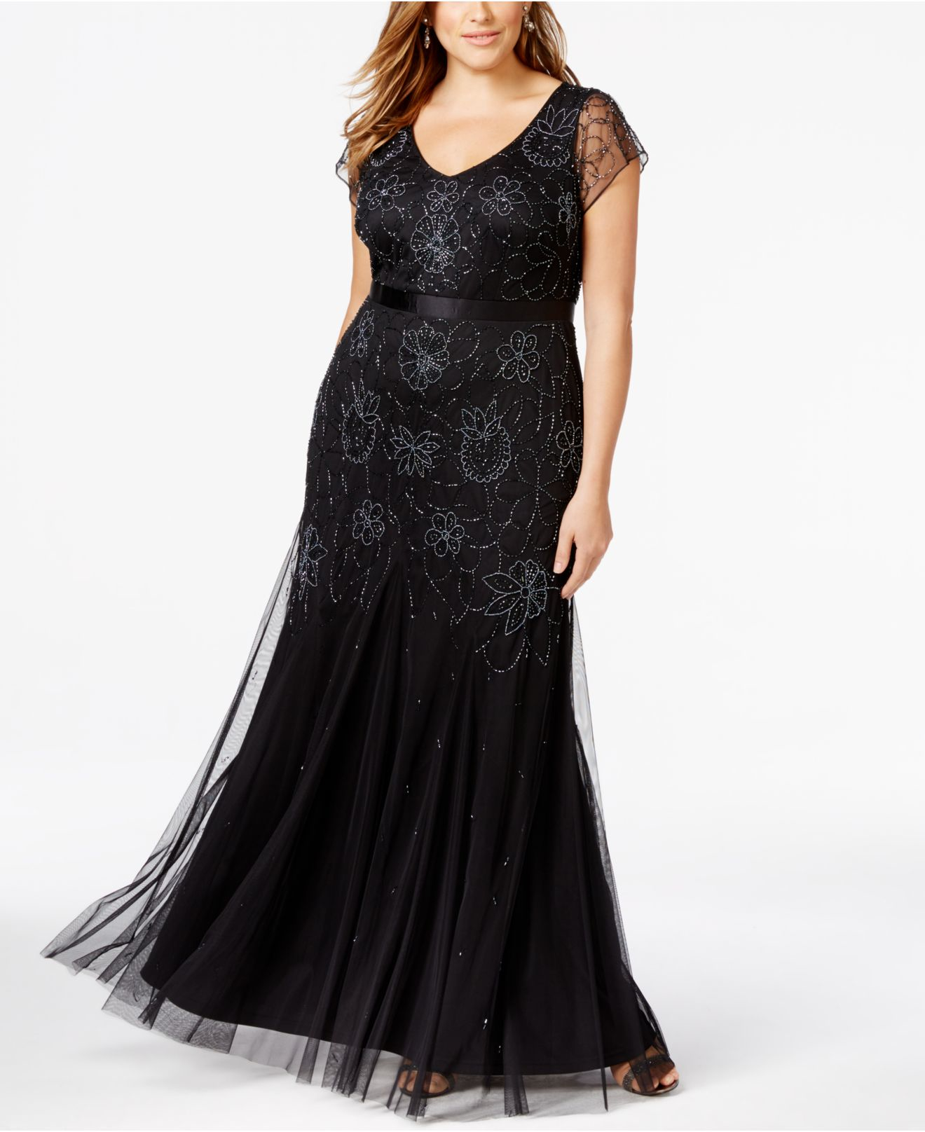 Adrianna Papell Synthetic Plus Size Beaded Cap Sleeve Gown In Black Lyst