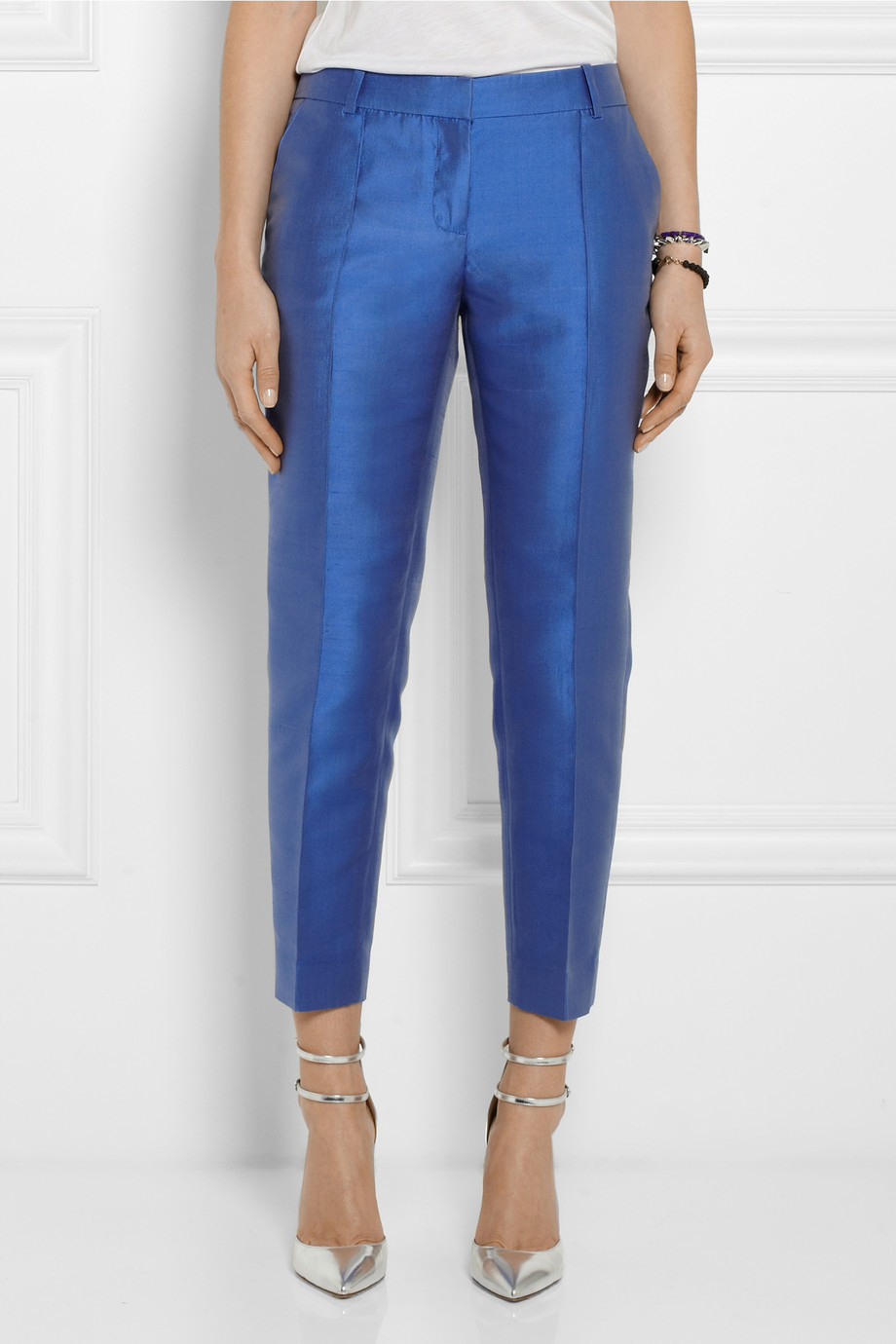 J Crew Collection Silk Blend Shantung Straight Leg Pants In Blue Lyst