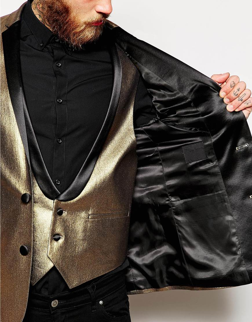 Asos Super Skinny Blazer In Gold Velvet In Black For Men Lyst