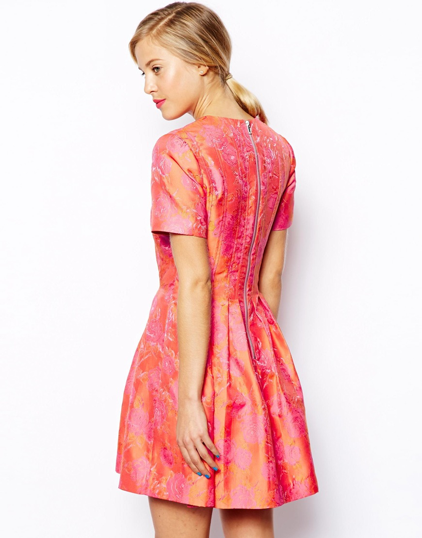 Asos Salon Bright Floral Jacquard Skater Dress In Pink Lyst