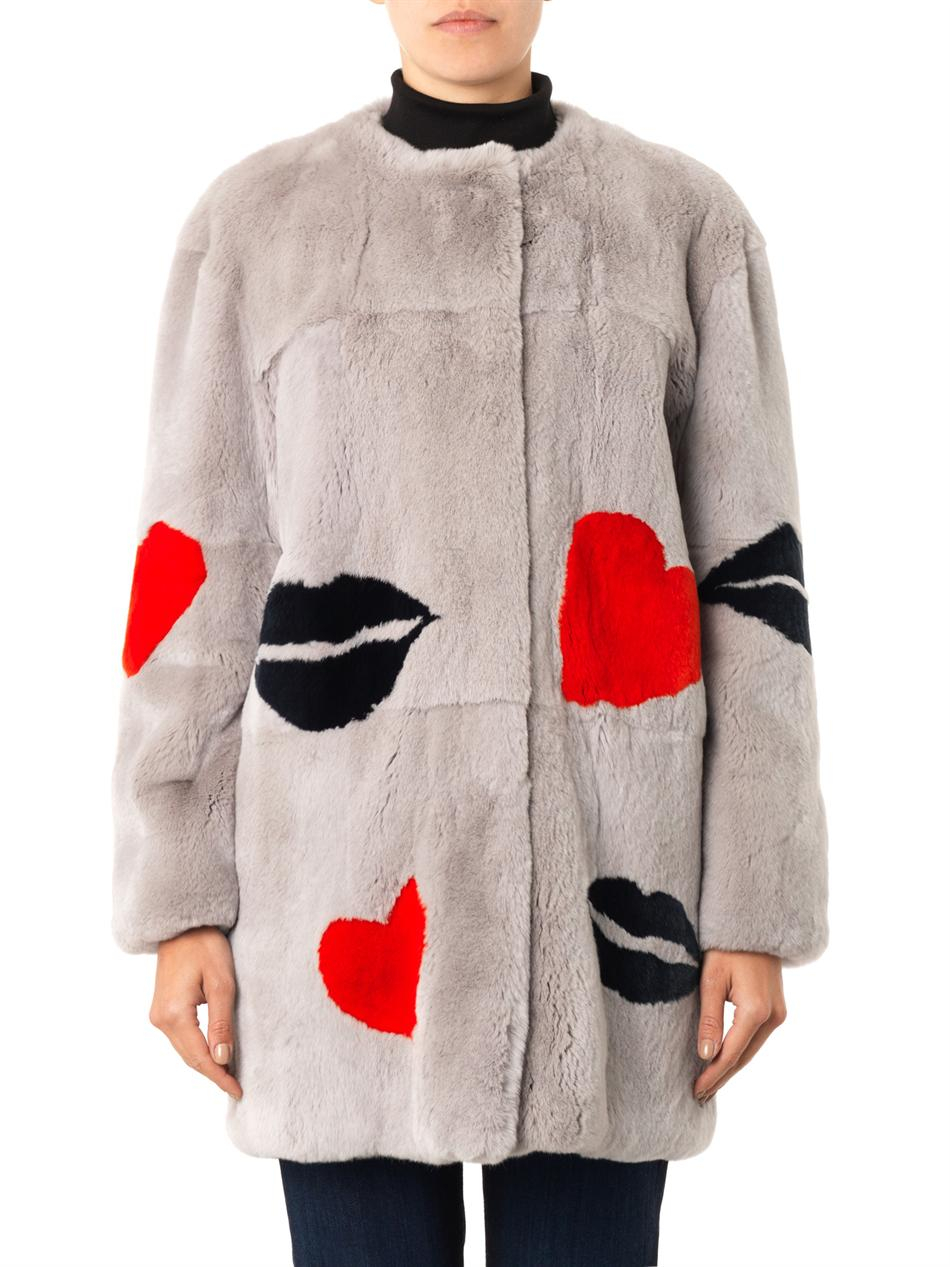 MSGM Lips And Hearts Rabbit Fur Coat in Gray - Lyst