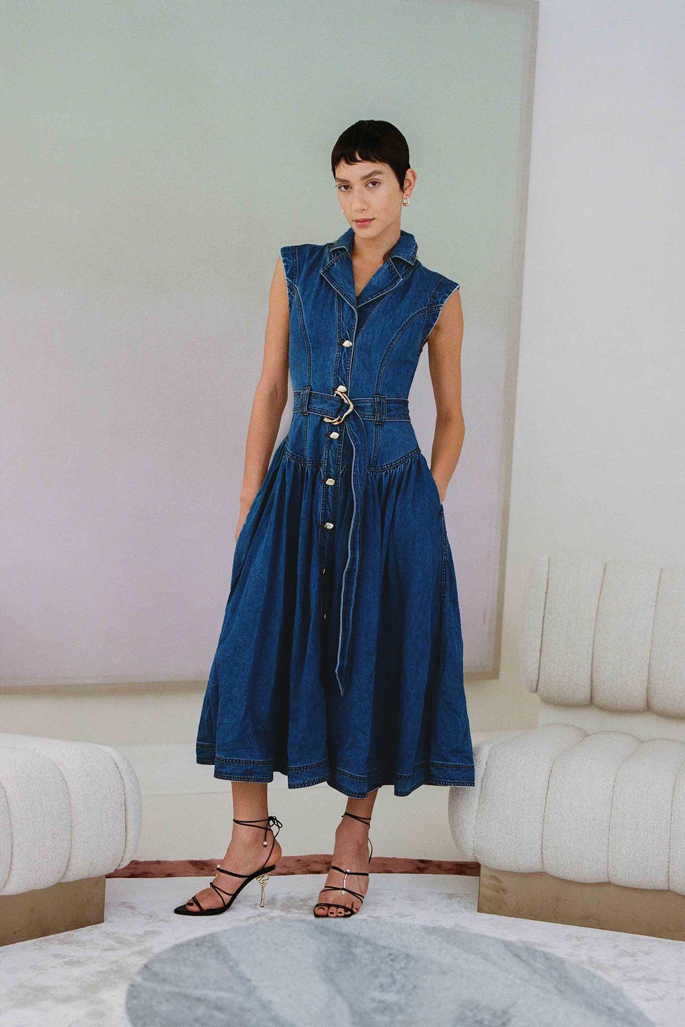 Aje. Elena Belted Denim Midi Dress in Blue | Lyst