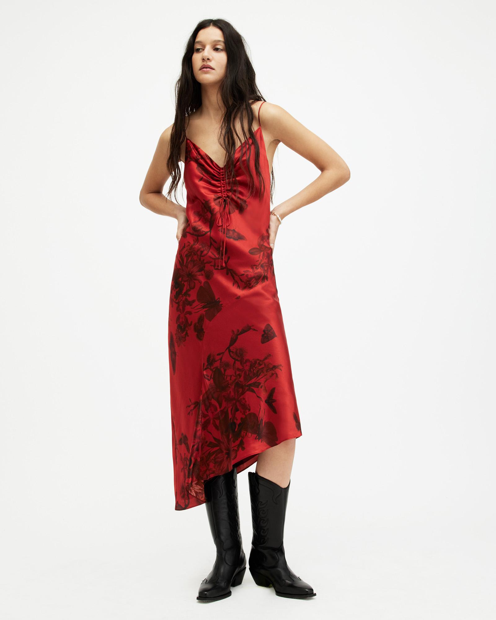 AllSaints Alexia Silk Blend V-neck Midi Slip Dress in Red | Lyst