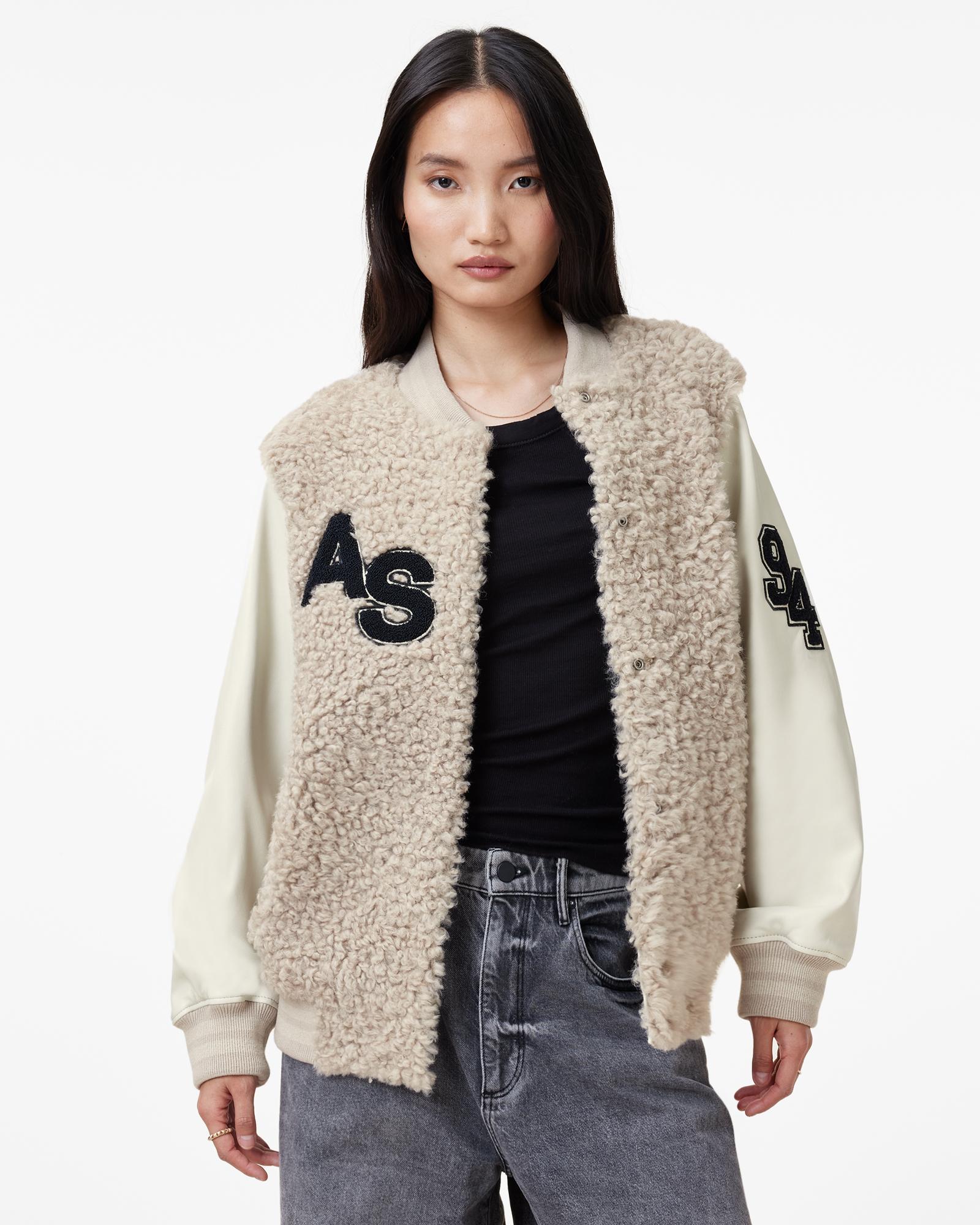 AllSaints Valerie Shearling Patch Jacket,, Off in Natural | Lyst
