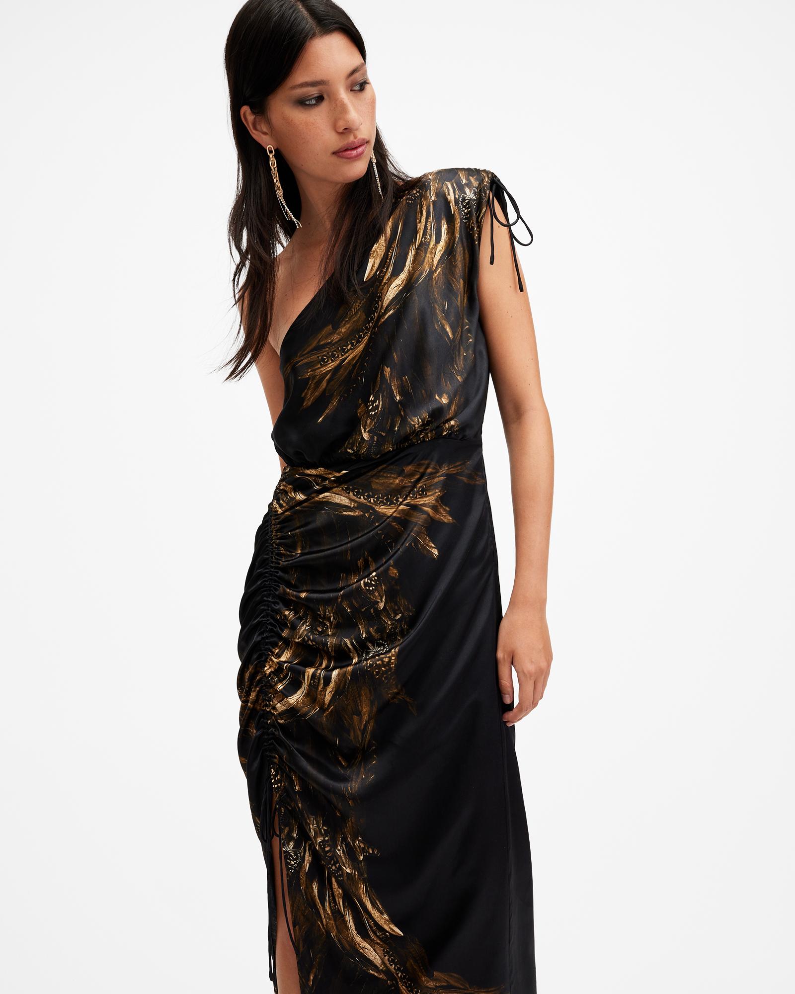 AllSaints Laura Silk Blend One Shoulder Maxi Dress,, Charm in Black | Lyst