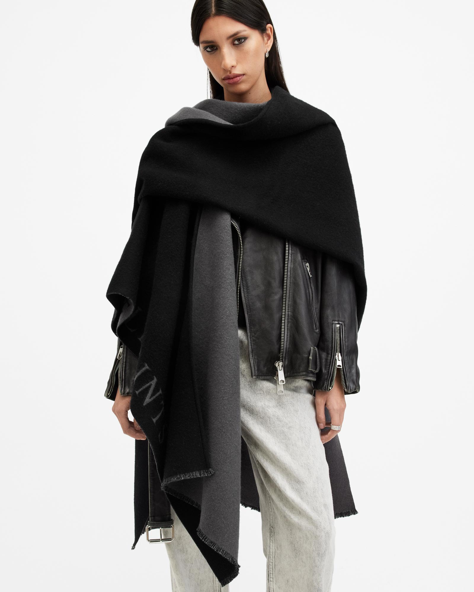 AllSaints Saints Border Logo Wool Ruana Scarf in Black | Lyst