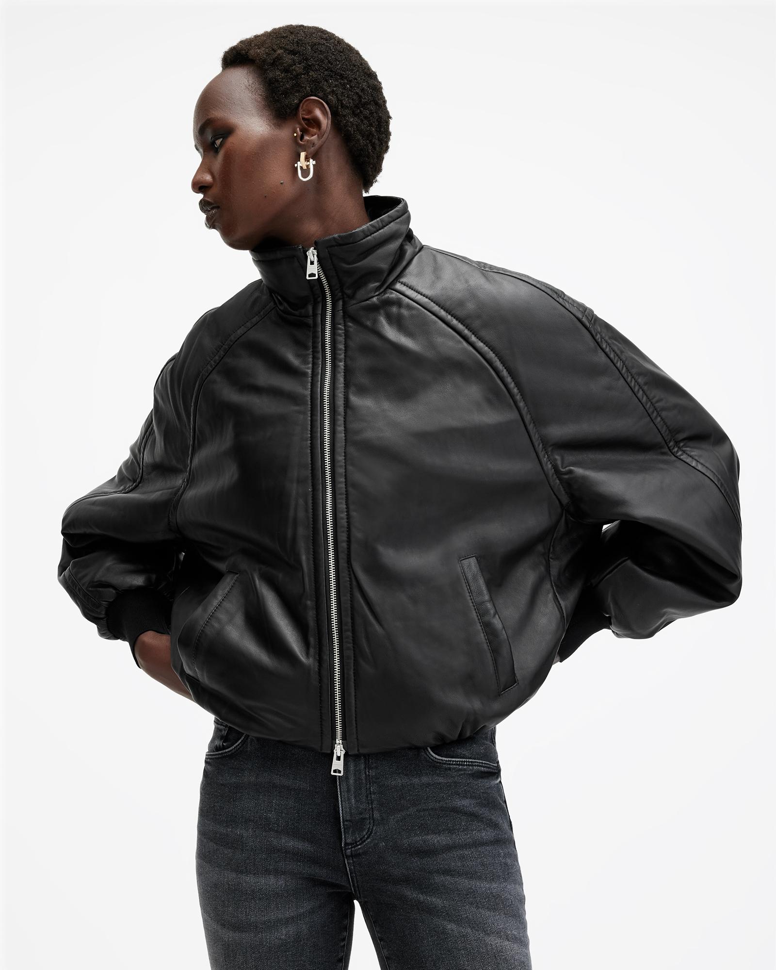 AllSaints Rowan Funnel Neck Leather Bomber Jacket in Black | Lyst