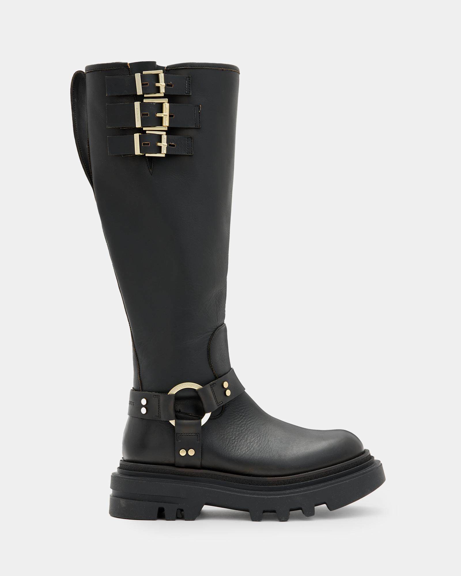 AllSaints Jade Knee High Leather Biker Boots,, /Warm Brass in Black | Lyst