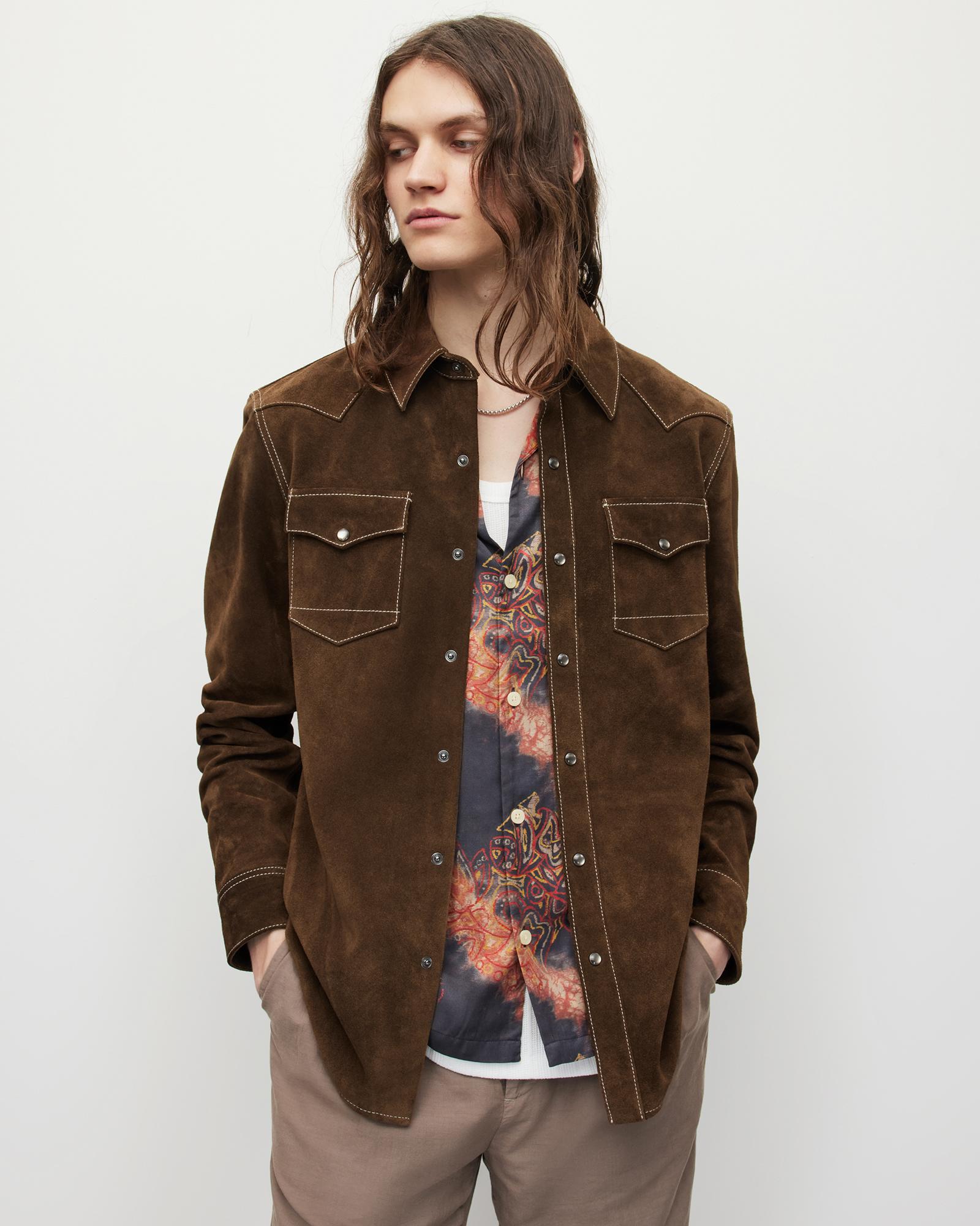 AllSaints Cruise Suede Western Vintage Wash Shirt, in Brown for Men | Lyst