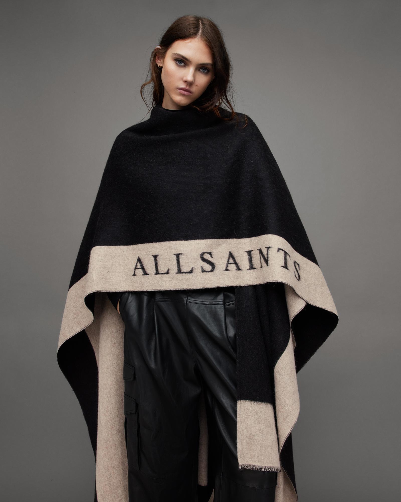 AllSaints Saints Logo Border Ruana Max Scarf, in Black | Lyst