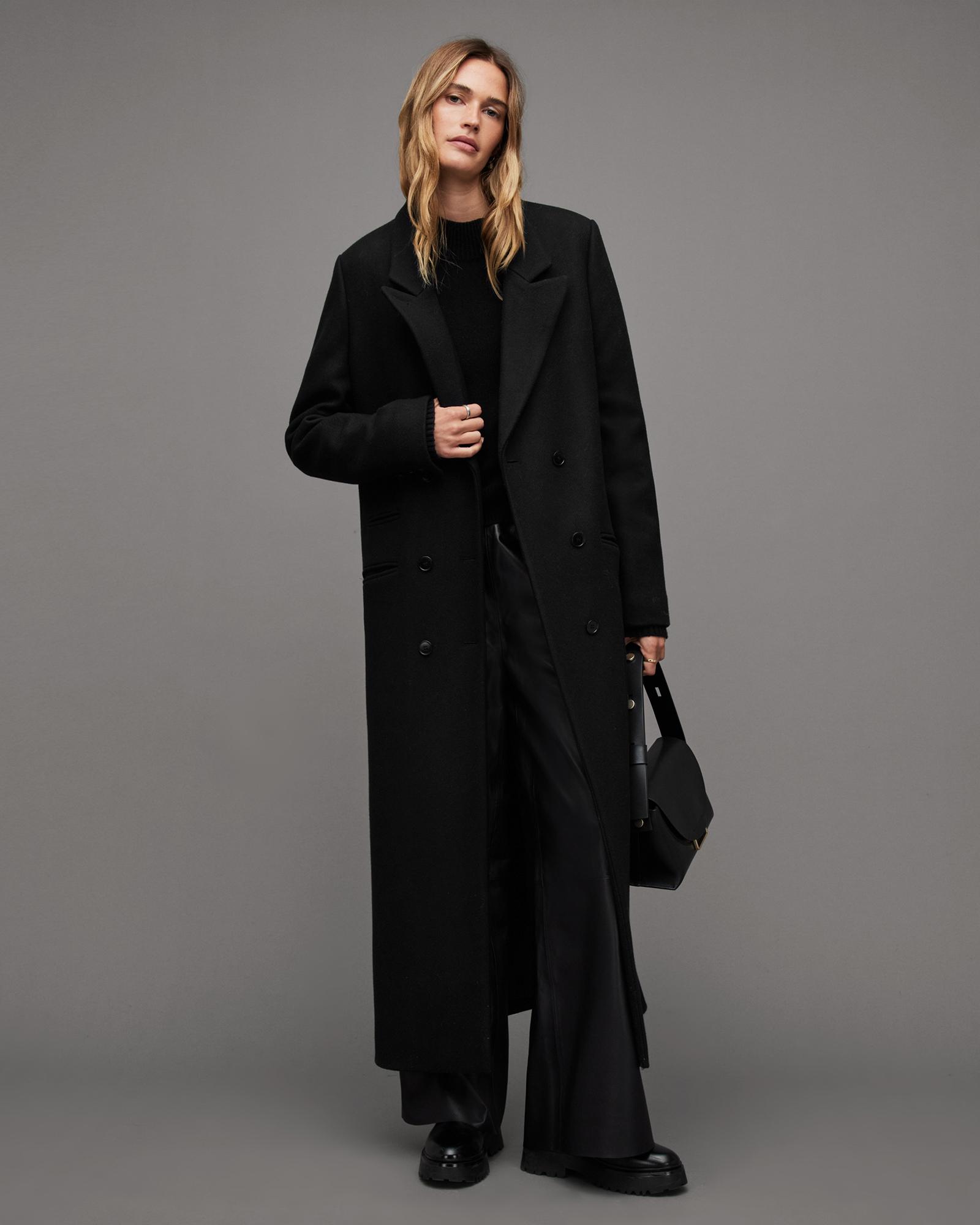 AllSaints Ellen Long Line Double Breasted Coat in Black | Lyst