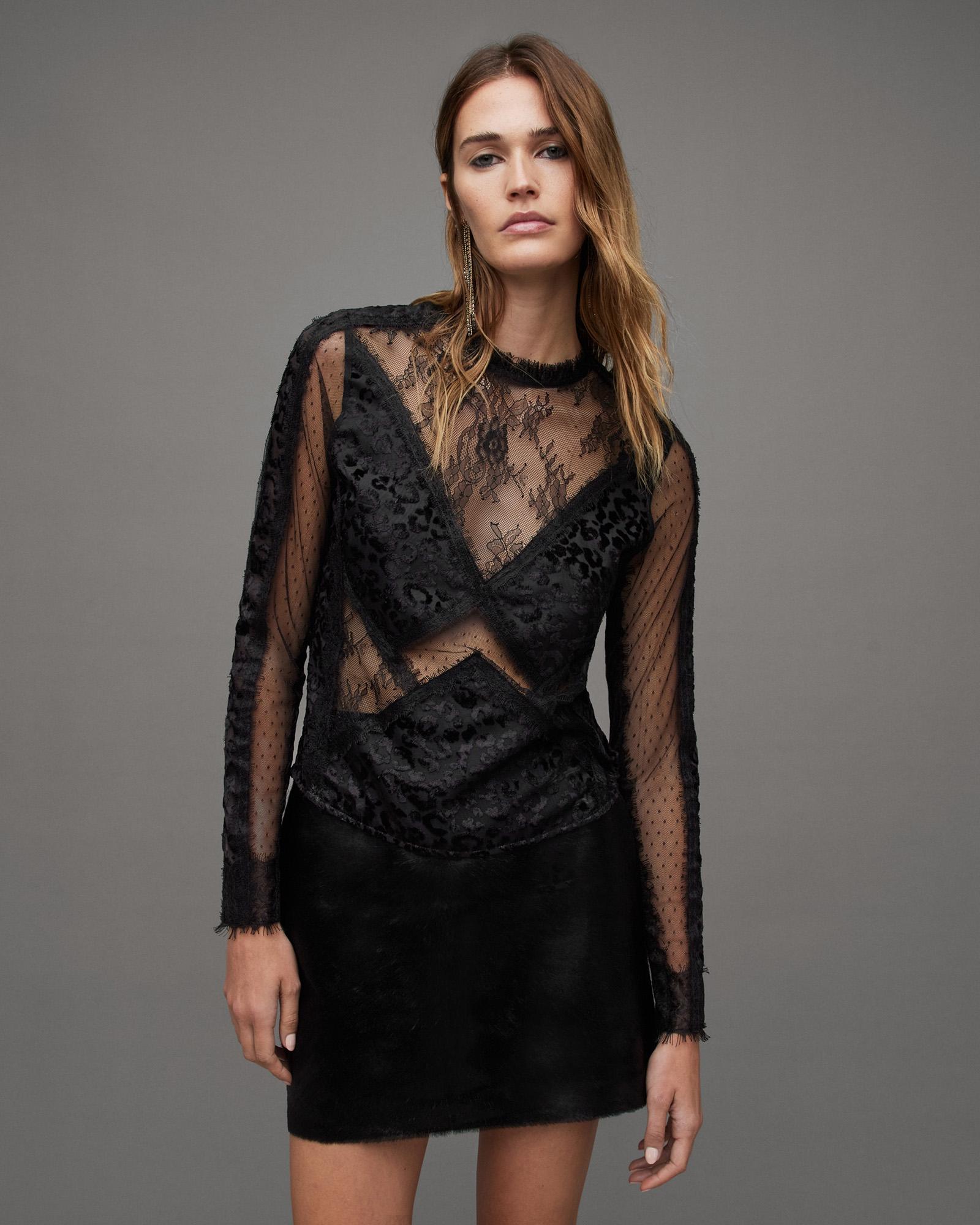 AllSaints Mila Lace Trim Leopard Print Mesh Top in Black | Lyst UK