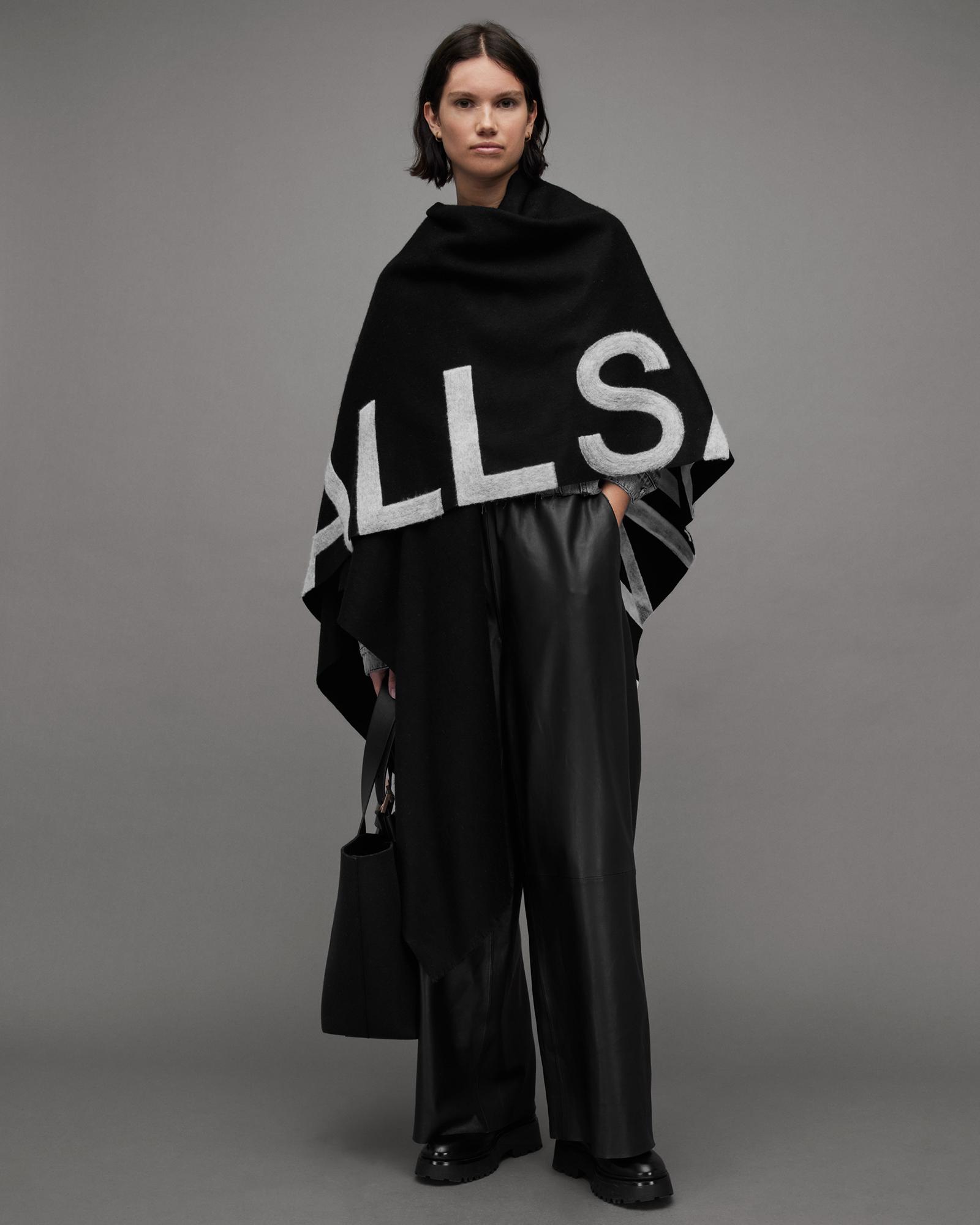 AllSaints Rae Logo Ruana Wool Scarf in Black | Lyst