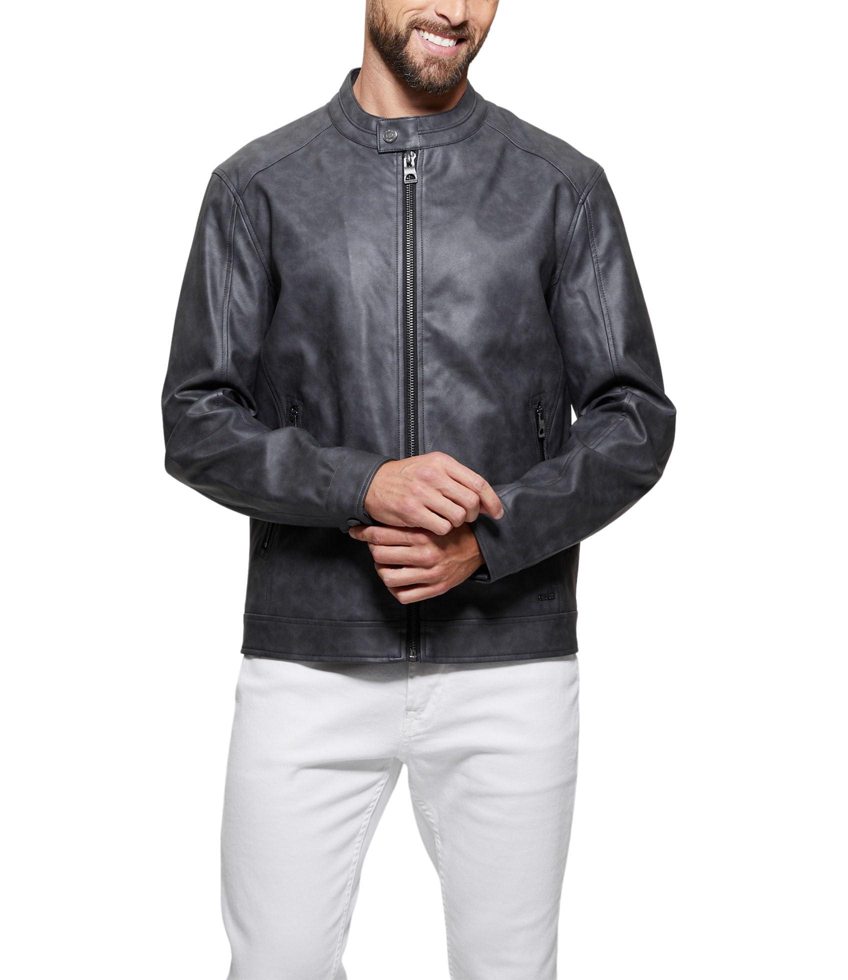 Guess Fitted Faux Leather Jacket in Blue for Men | Lyst