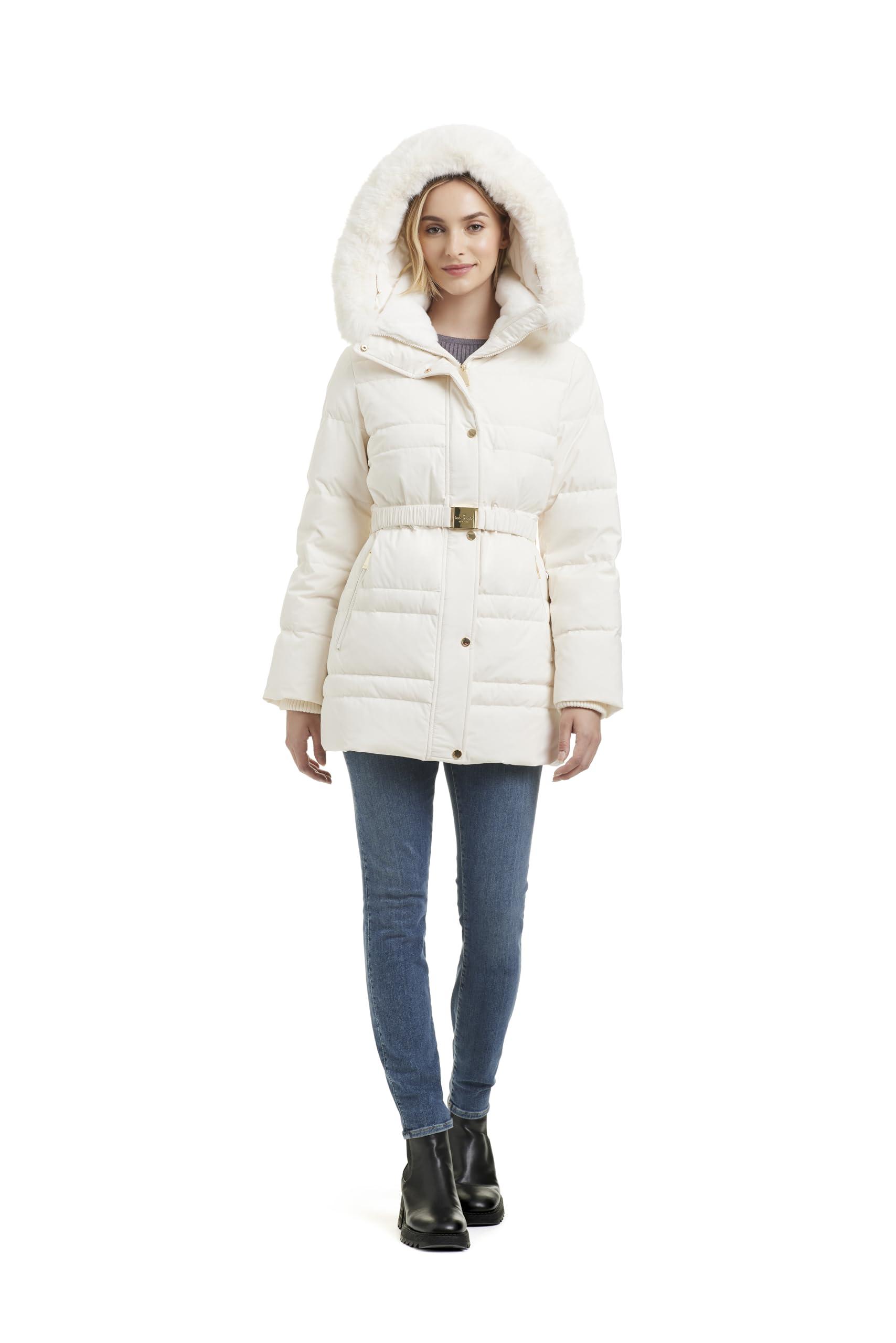 Kate Spade Belted Short Down Puffer Jacket With Removable Faux Fur Trim ...