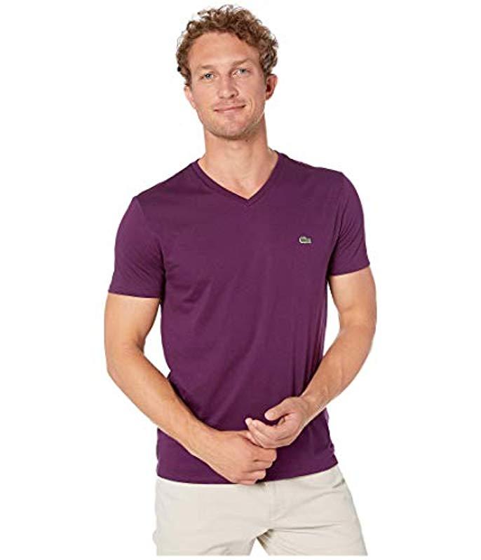 Lacoste Leather Short Sleeve Jersey Pima V Neck T Shirt In Purple For