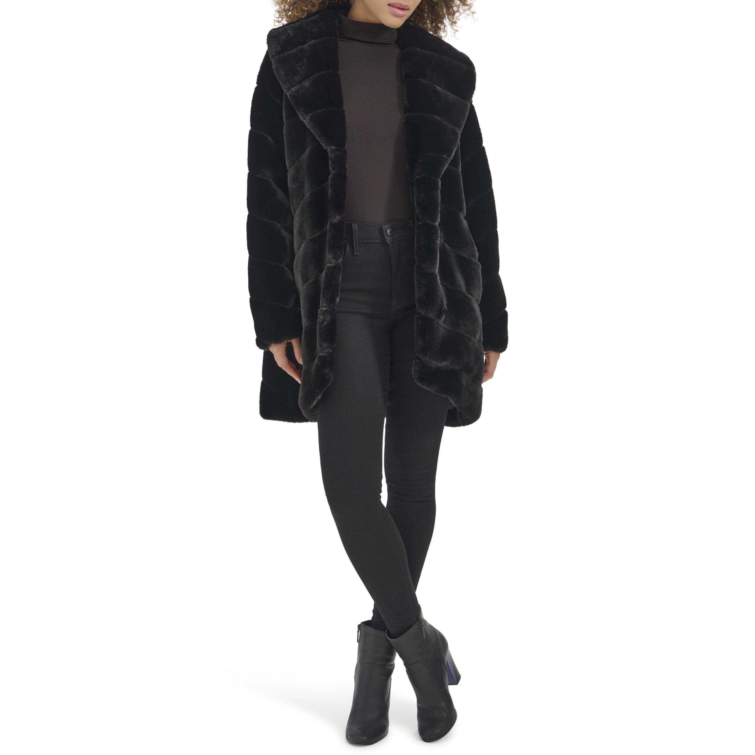 Kenneth Cole Plush Grooved Faux Mink Coat With Shawl Collar in Black | Lyst