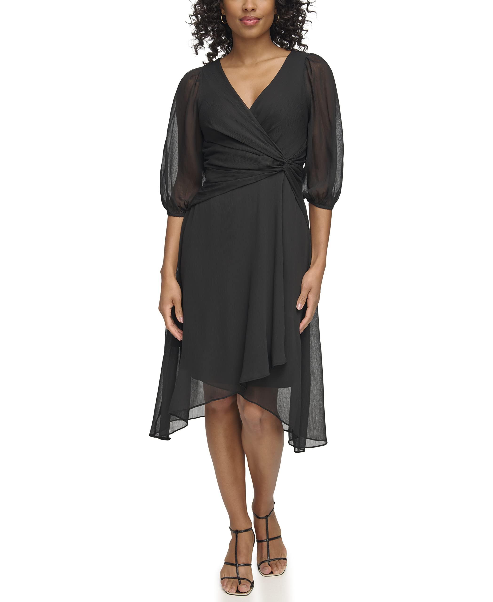 Dkny Chiffon 3 4 Sleeve Faux Wrap Dress In Black Lyst