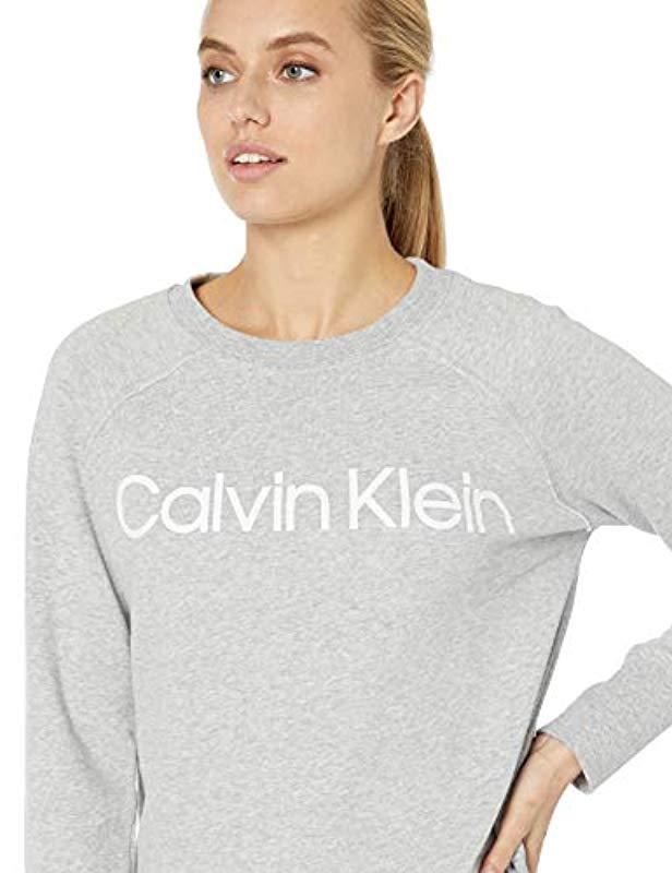 Calvin Klein Performance Crew Neck Logo Fleece Sweatshirt In Pale Grey