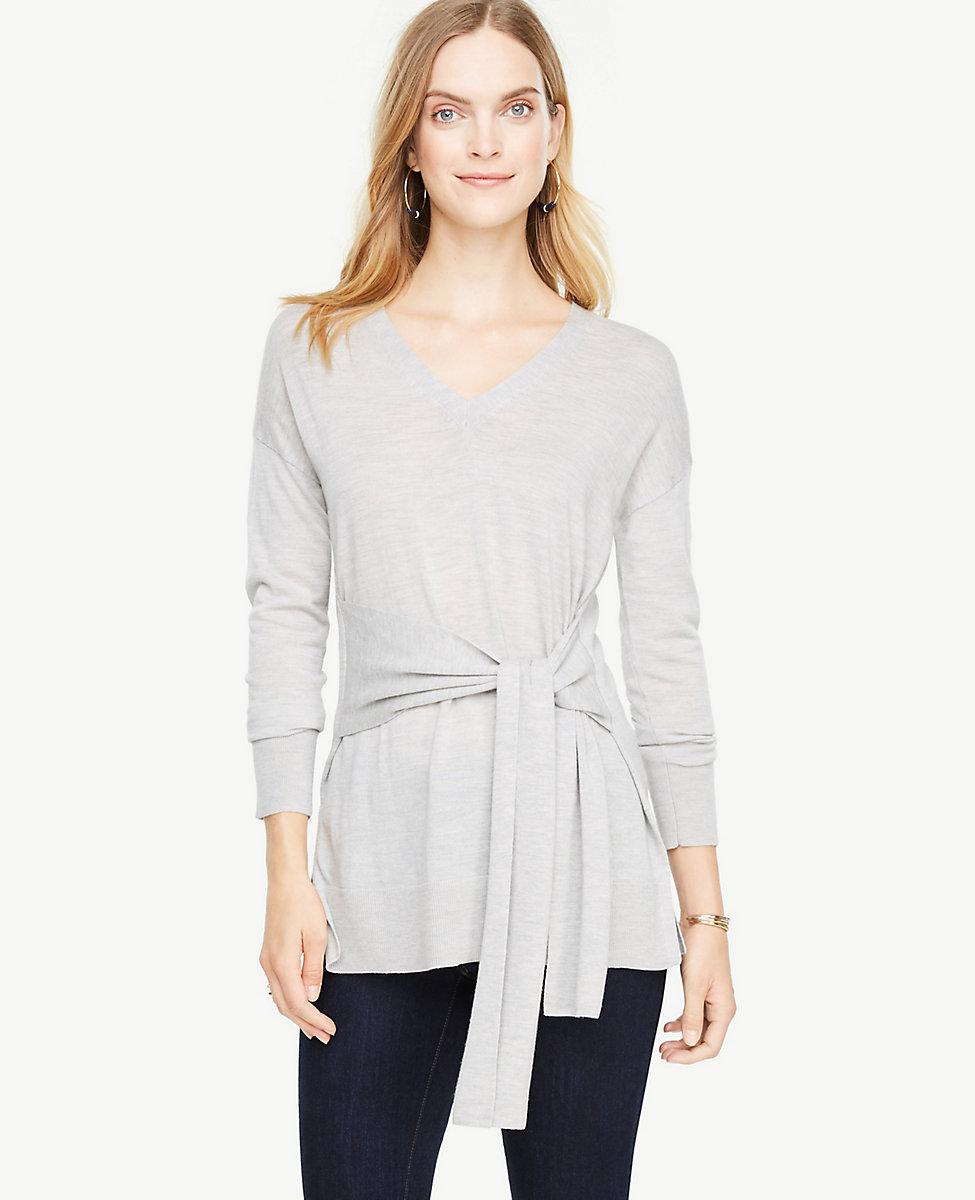 Lyst Ann Taylor Extrafine Merino Wool Tie Waist Sweater In Gray Save 5