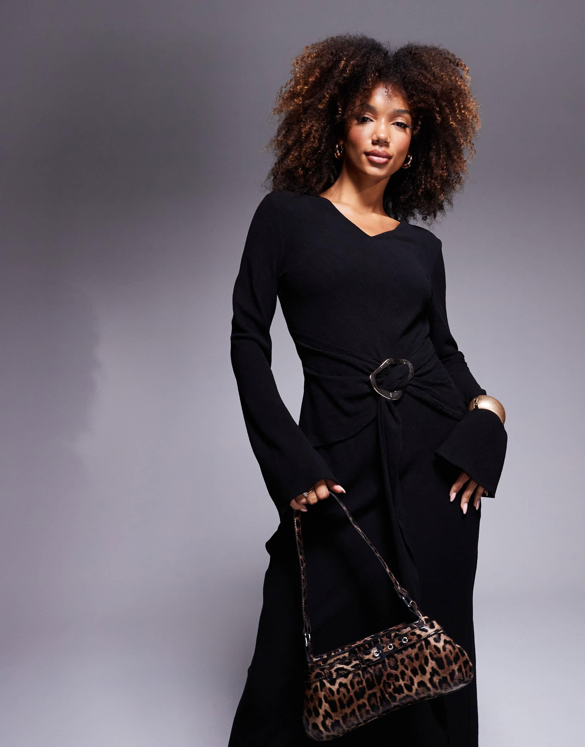 DASKA Long Sleeve Maxi Dress With Gold Belt Detail in Black | Lyst