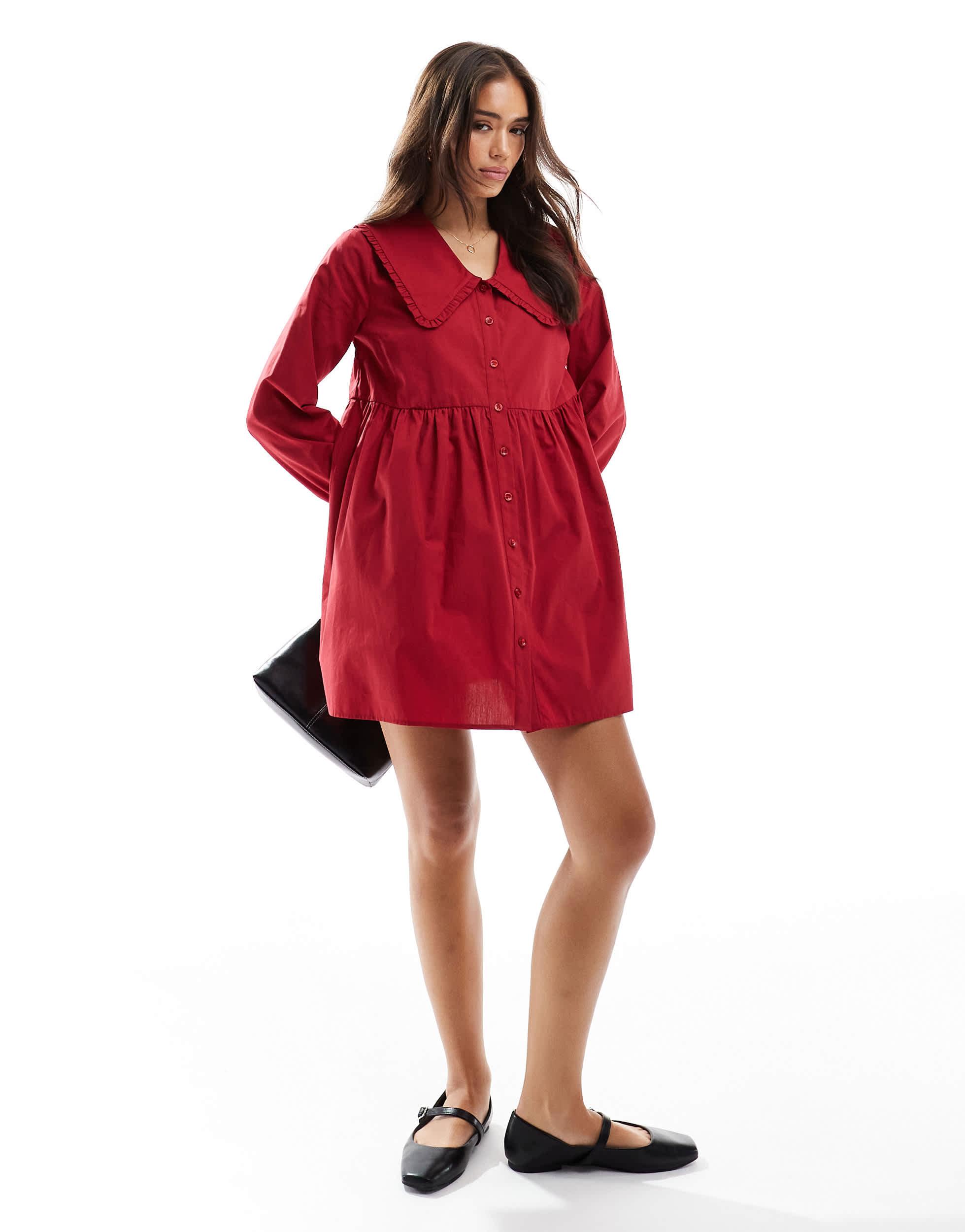 ASOS Poplin Oversized Smock Mini Dress in Red | Lyst