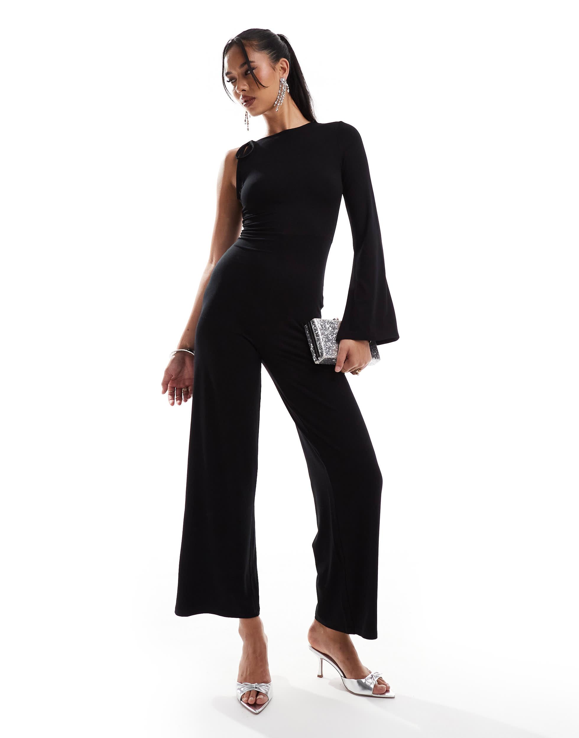 ASOS One Sleeve Wide Leg Jumpsuit With Tie Shoulder in Black | Lyst