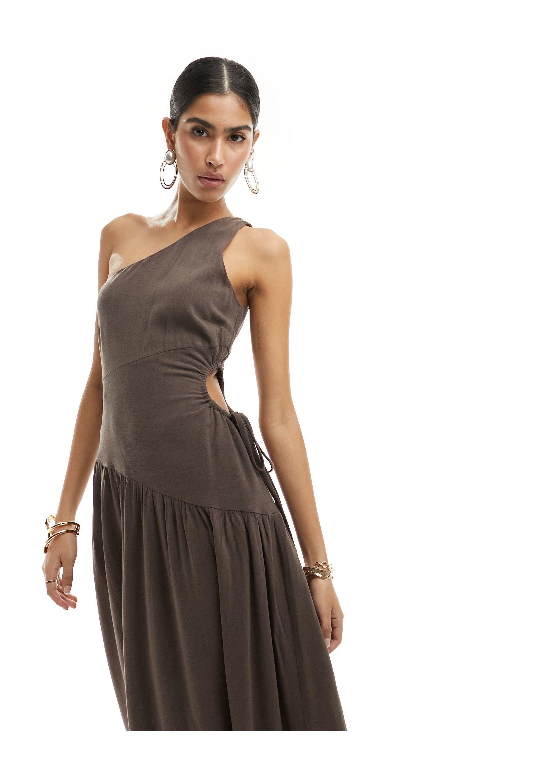 4th & Reckless Linen Mix One Shoulder Dropped Hem Side Cut Out Midaxi ...