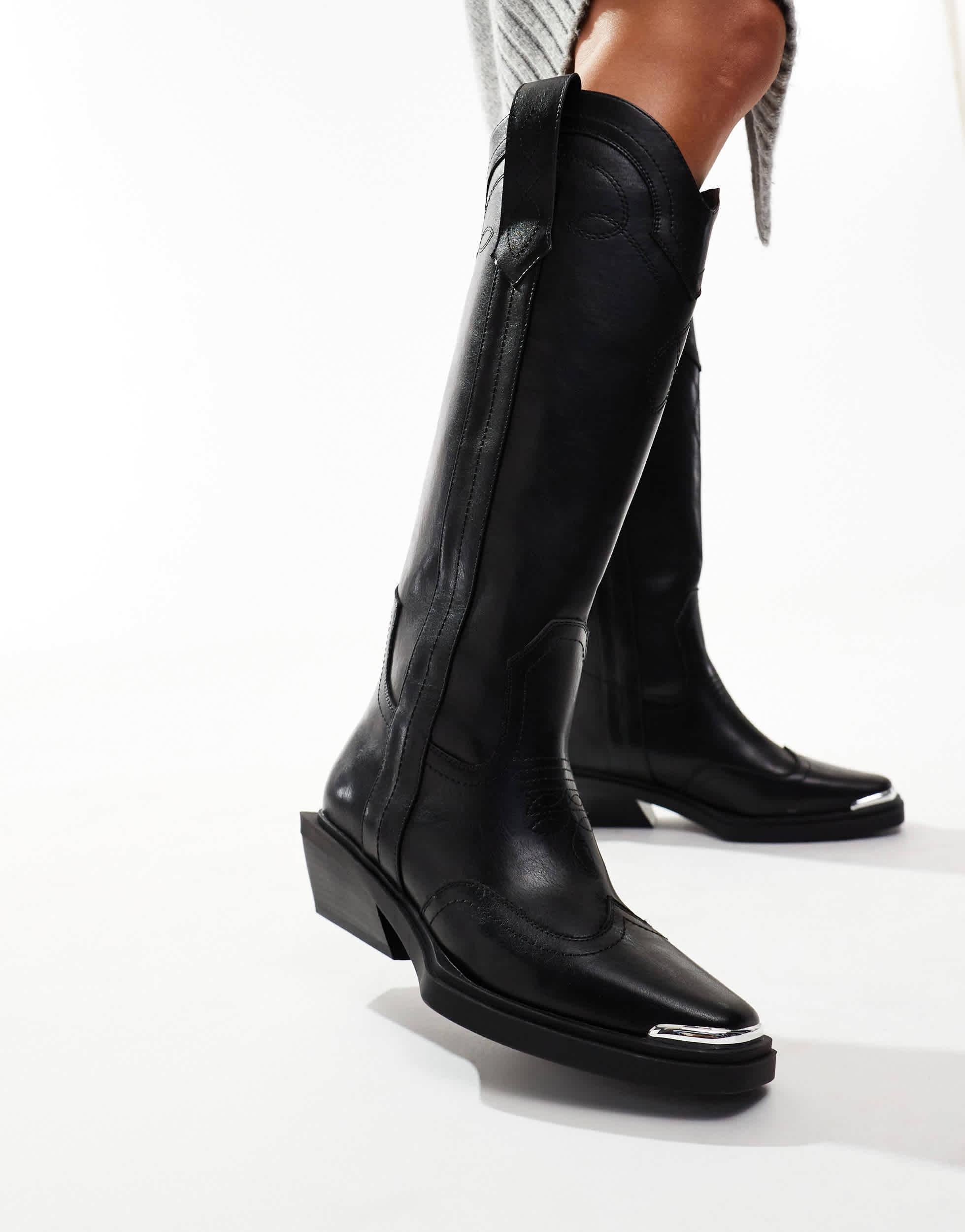 ASOS Wide Fit Celeste Flat Western Knee Boots in Black | Lyst