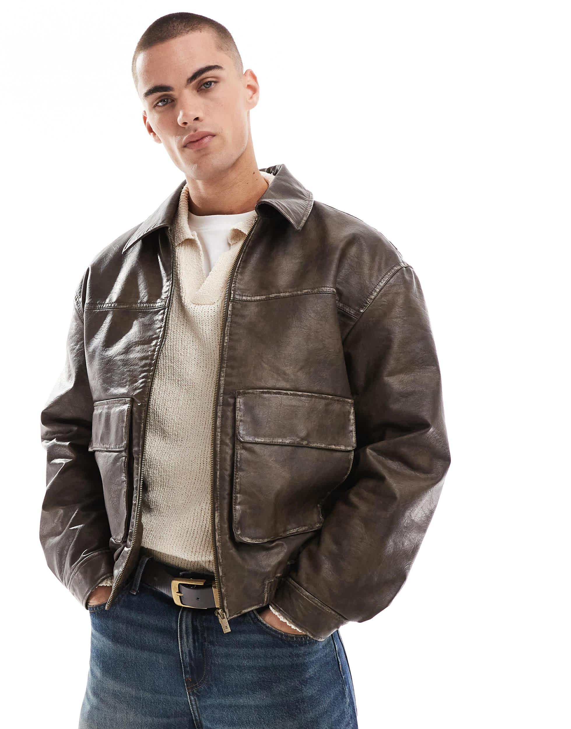 Bershka Faux Leather Washed Vintage Jacket in Gray for Men | Lyst