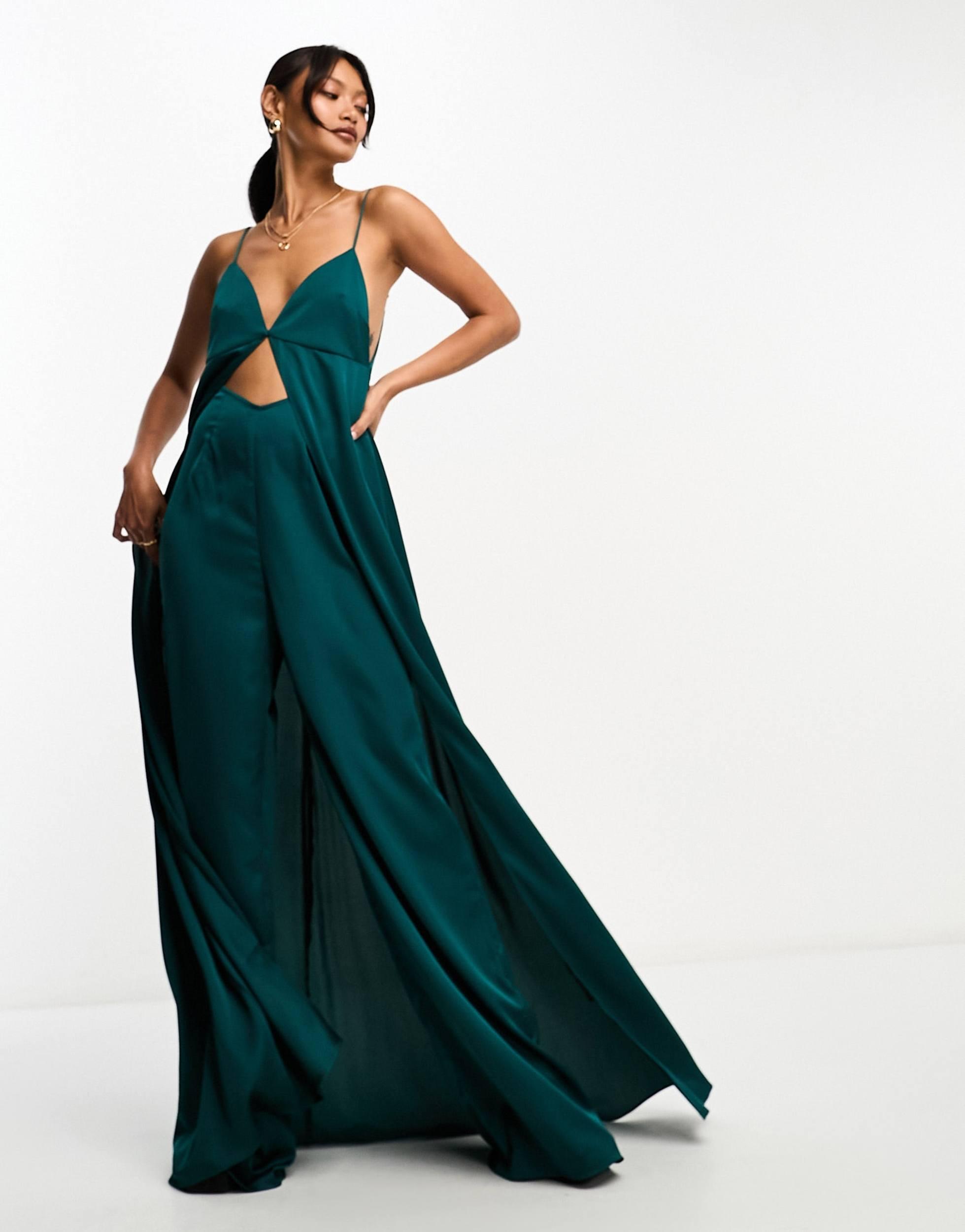 ASOS Satin Cami Jumpsuit With Cut Out And Cape Overlay Detail in Blue ...