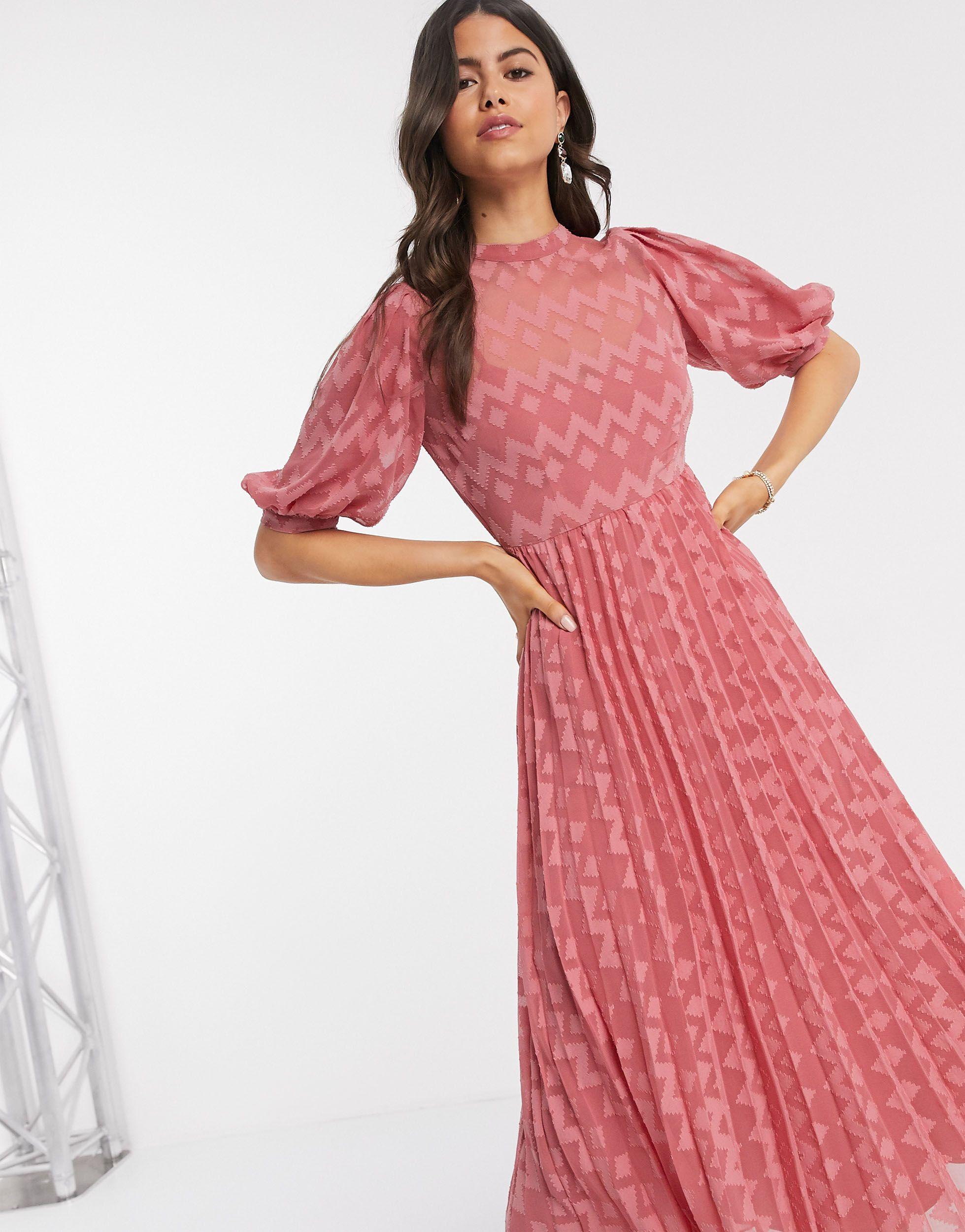 Asos High Neck Pleated Chevron Dobby Midi Dress With Puff Sleeve In