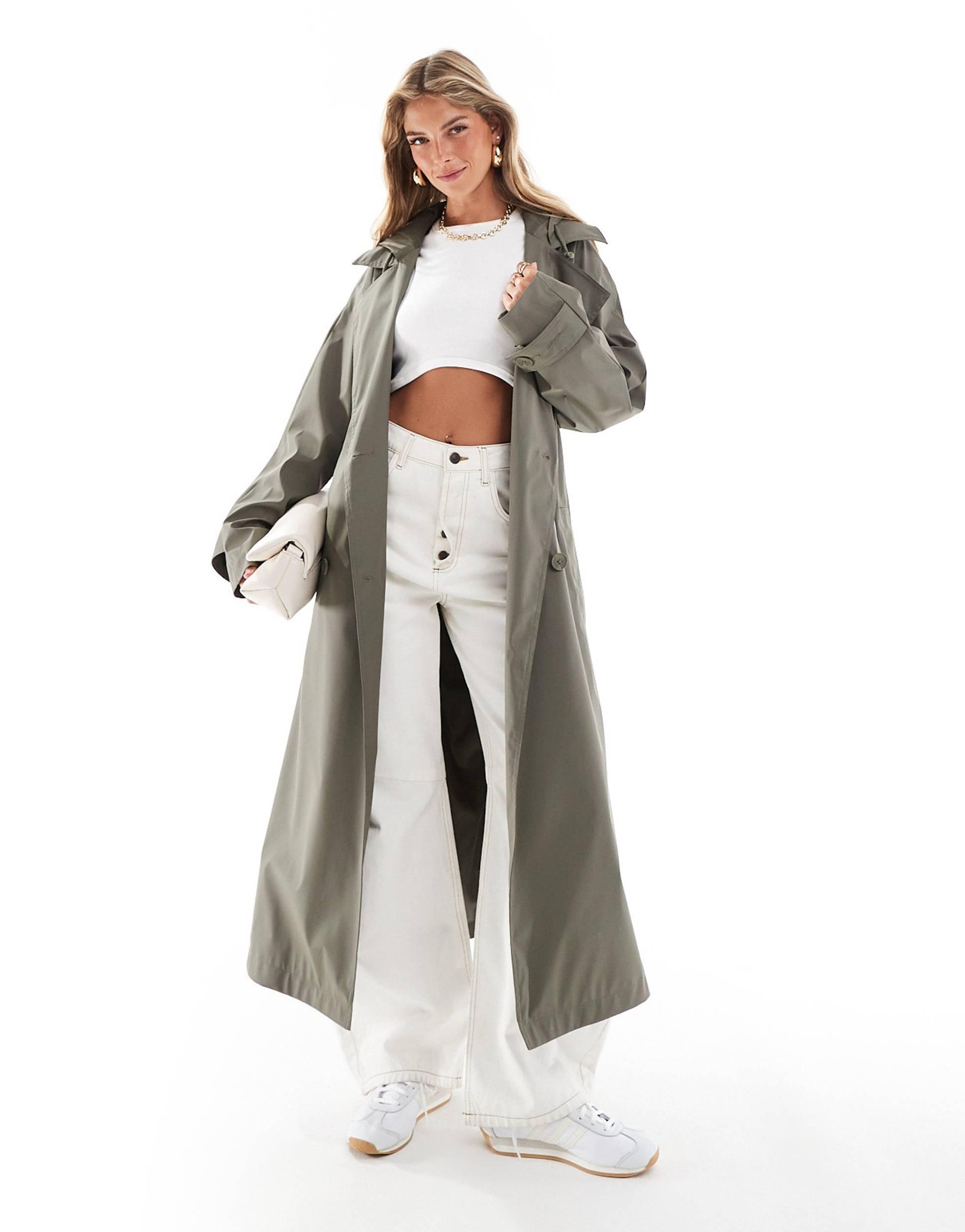 ASOS Rubberised Rain Hooded Trench Coat With Belt Detail in White | Lyst