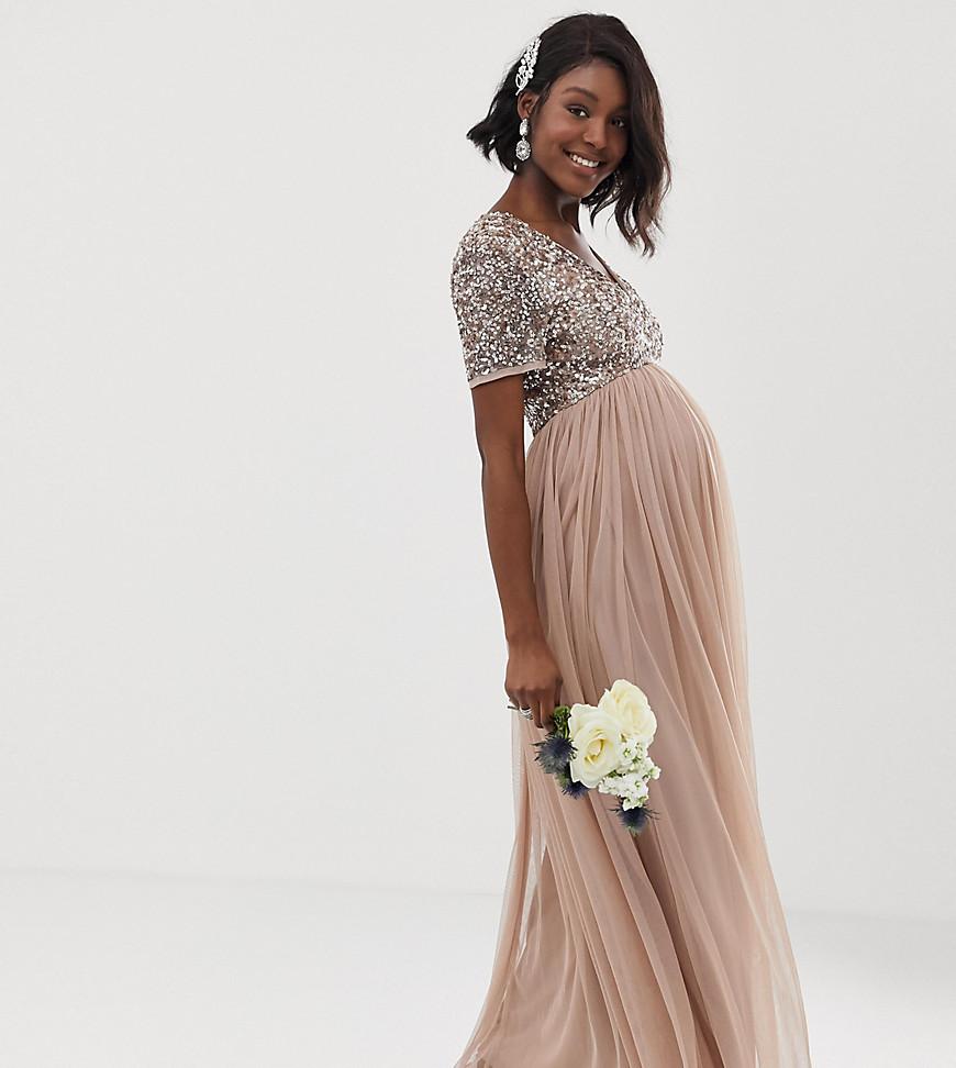 Maya Maternity Bridesmaid V Neck Maxi Tulle Dress With Tonal Delicate