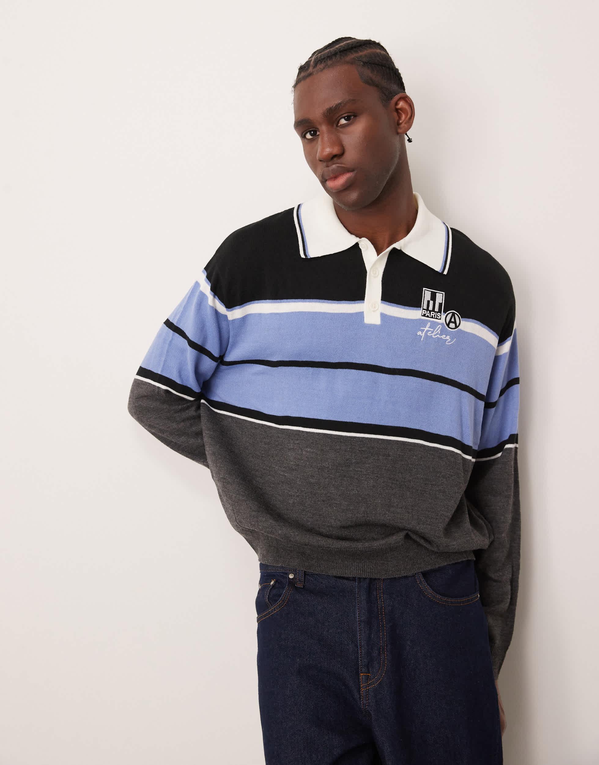 ASOS Oversized Boxy Fit Knitted Rugby Polo With Logo Detail in Blue for ...