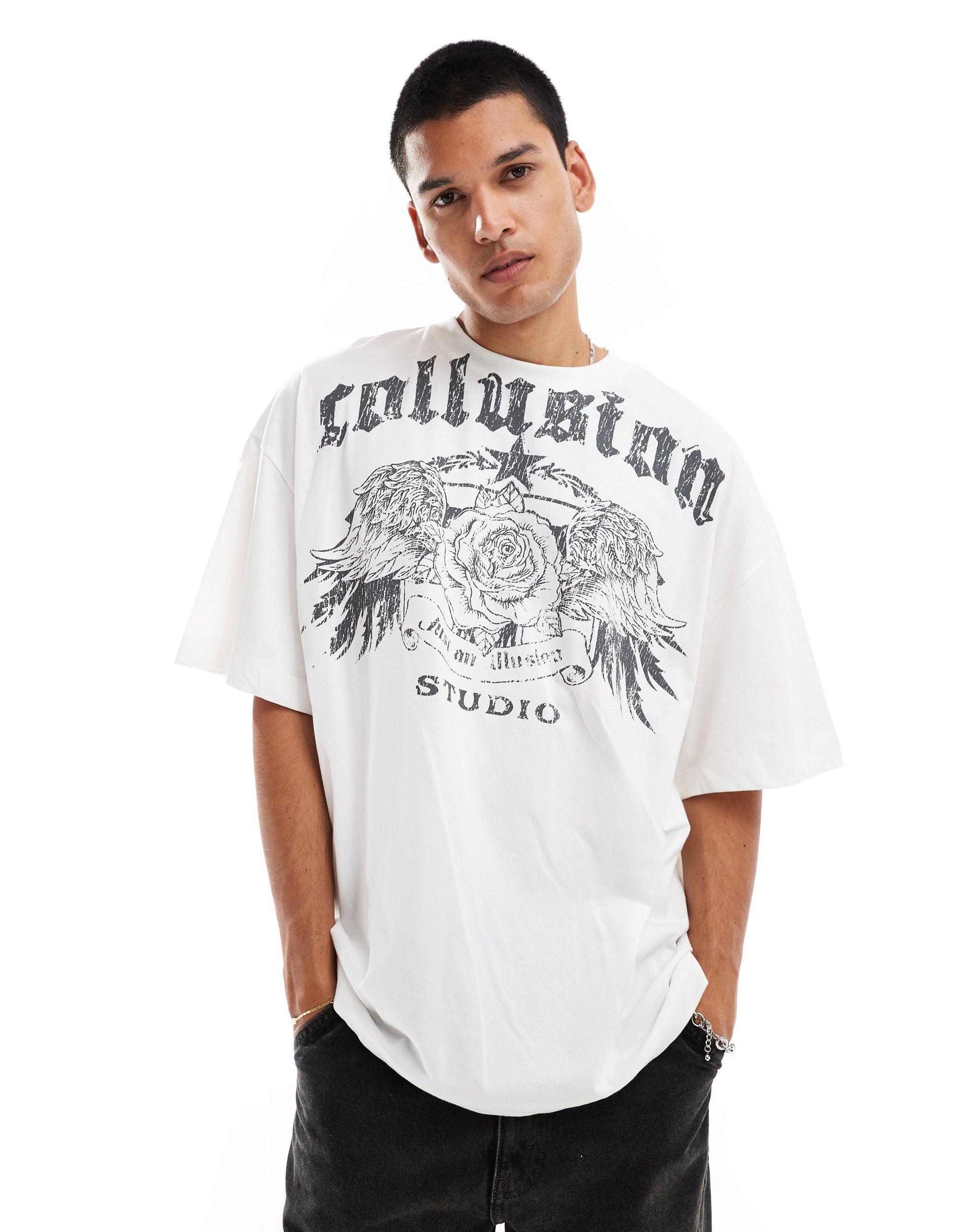 Collusion Oversized Skate Fit T-shirt With Rose Tattoo Design in White ...